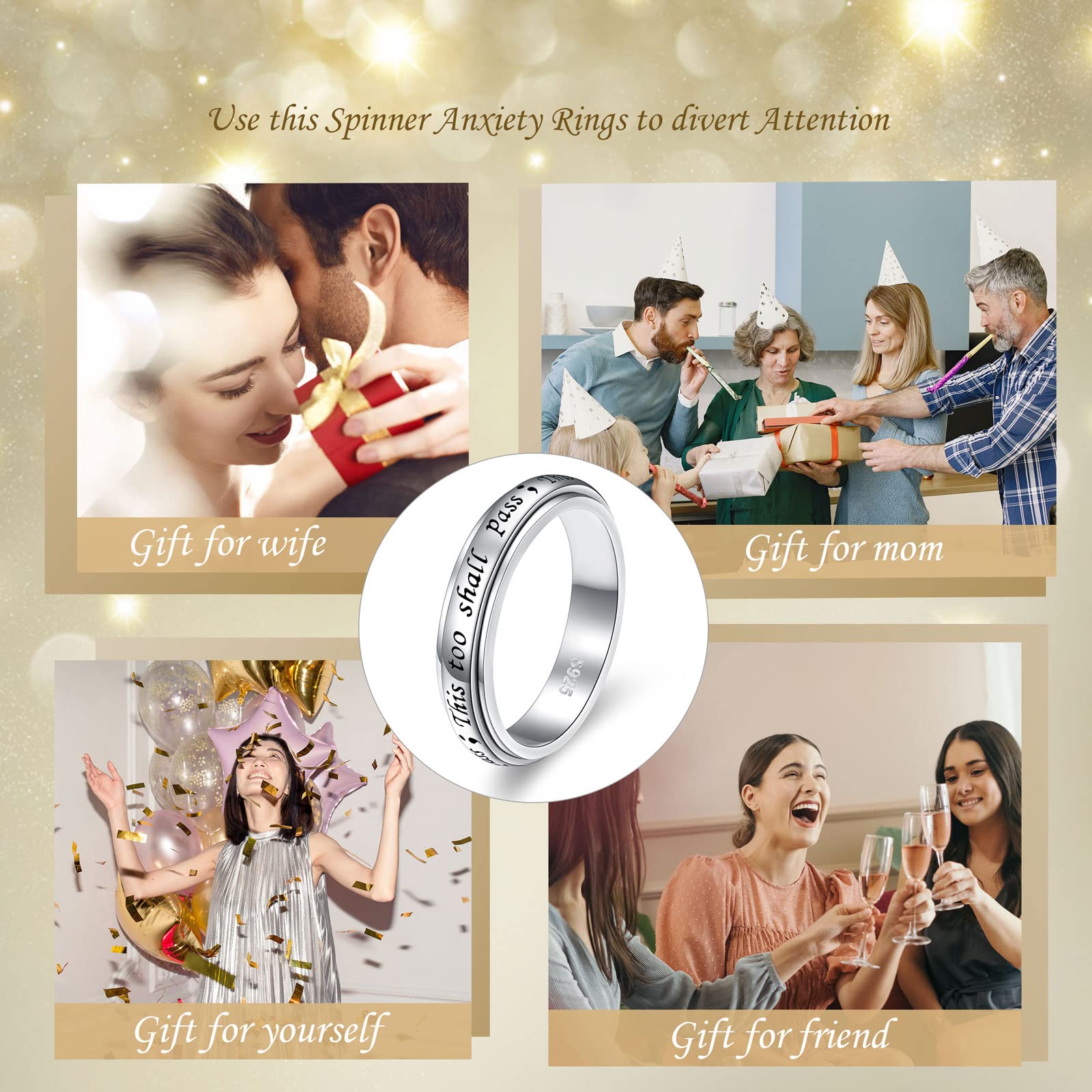 Ladytree Semicolon Anxiety Relieve Spinner Rings Sterling Silver This Too Shall Pass Fidget Ring ADHD Stress Relieving Ring Size 7
