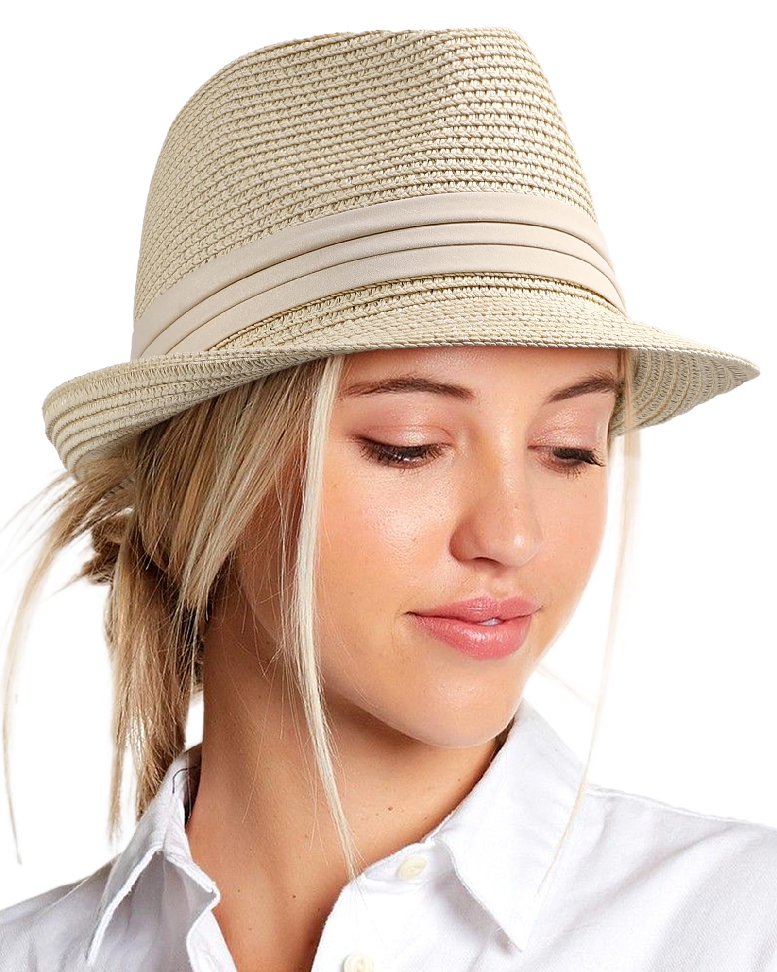 Lvaiz Womens Straw Fedora Hats Short Brim Beach Sun Trilby Hat for Men Packable Roll Up Panama Summer Hat Beige, Z Beige-beige Ribbon, One Size