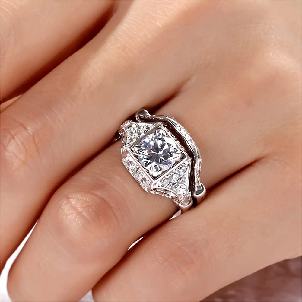 Jeulia Vintage Milgrain Round Cut Sterling Silver Ring Set Wedding Engagement Anniversary Promise Ring Bridal Sets for Women With Jewelry Box (Silver, 7)