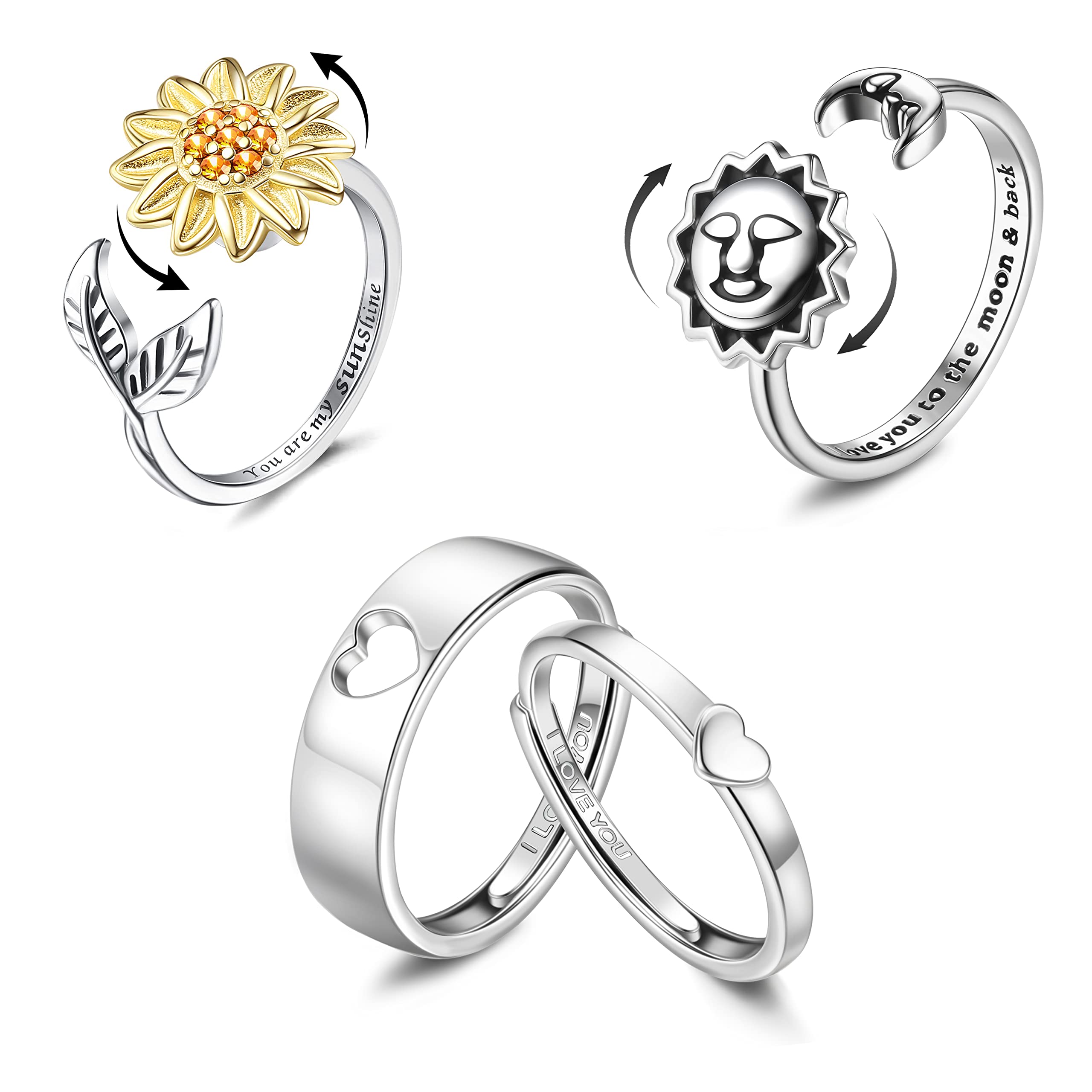 LOYALLOOK 4Pcs Fidget Rings Sunflower Spinner Rings Sun Moon Star Anxiety Rings Adjustable Worry Stress Relieving Ring Rotatable Heart Matching Rings Hug Hands Ring for Couples