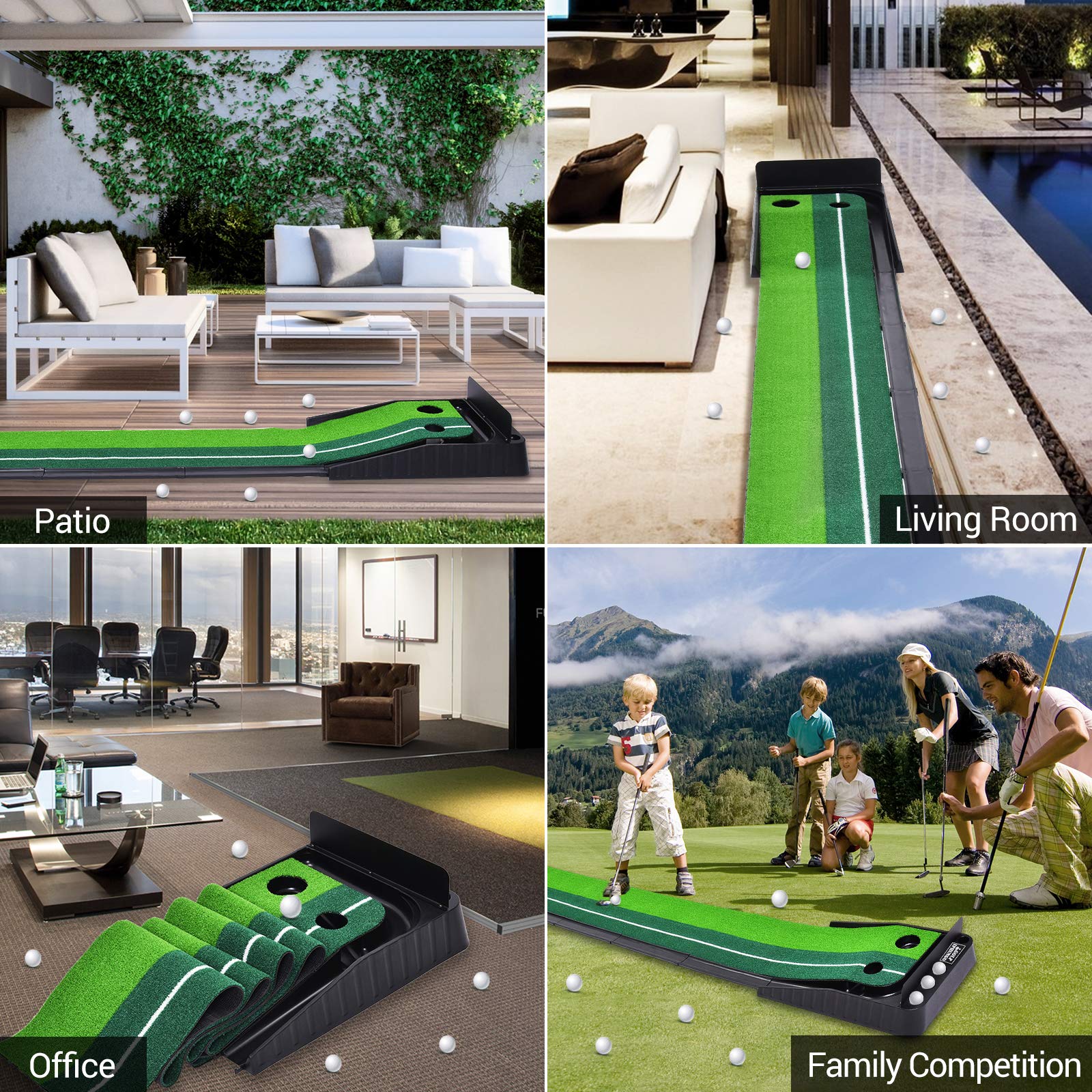 IPHUNGO Indoor Golf Putting Green - Extra Long 9.84Ft Mat with Auto Ball Return Function 2 Holes and 3 Golf Balls 1 Sponge Ball Mini Golf Practice Training Aid, Office,Game,Home, Office, Outdoor Use