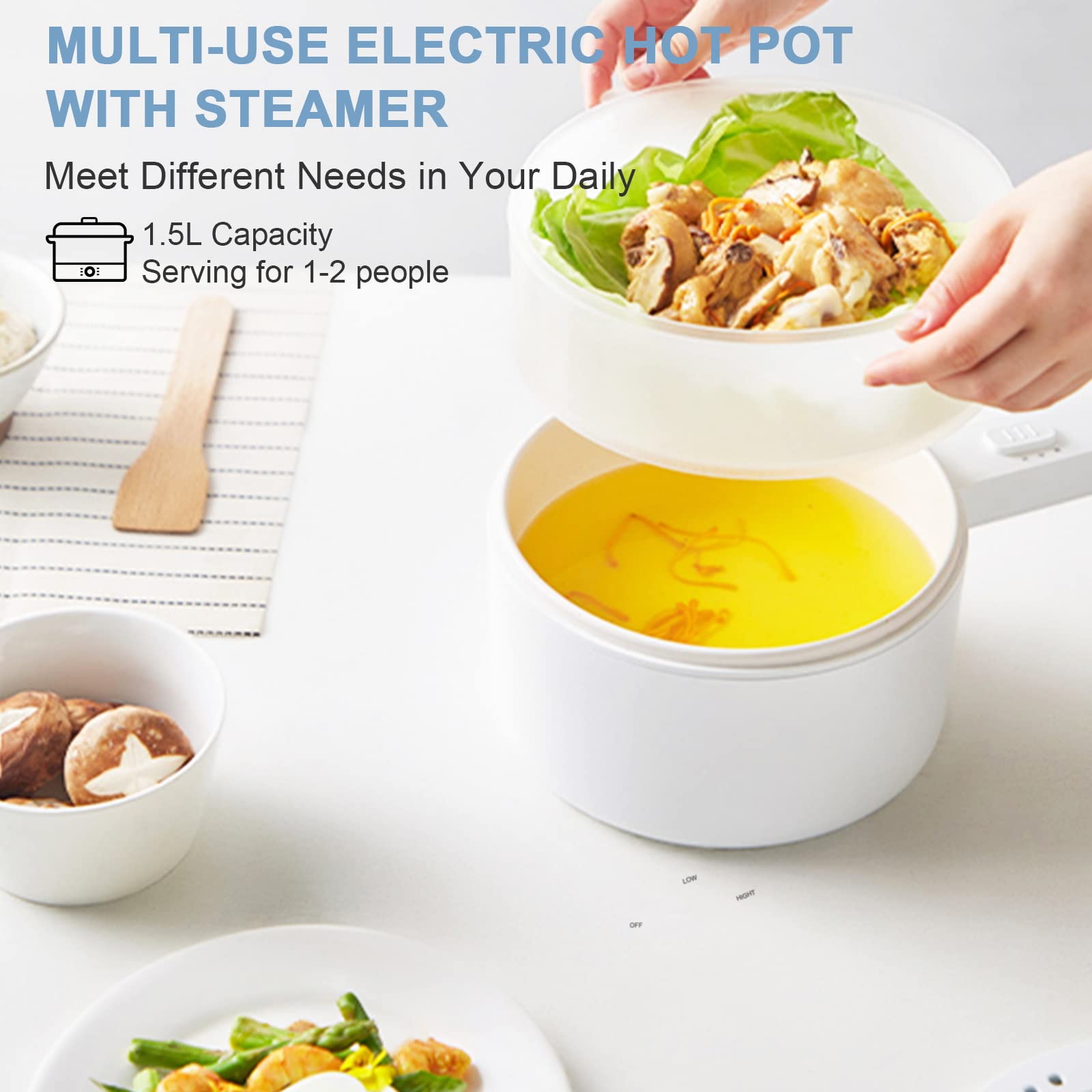 Olayks Electric Steamer for Cooking, 1.5L Ceramic Glaze Non-stick Pot, Dual Power Multi-functional Electric Cooker, Suitable for Steak, Pasta, Hot Pot, Ramen, Quick Heating and Overheat Protection