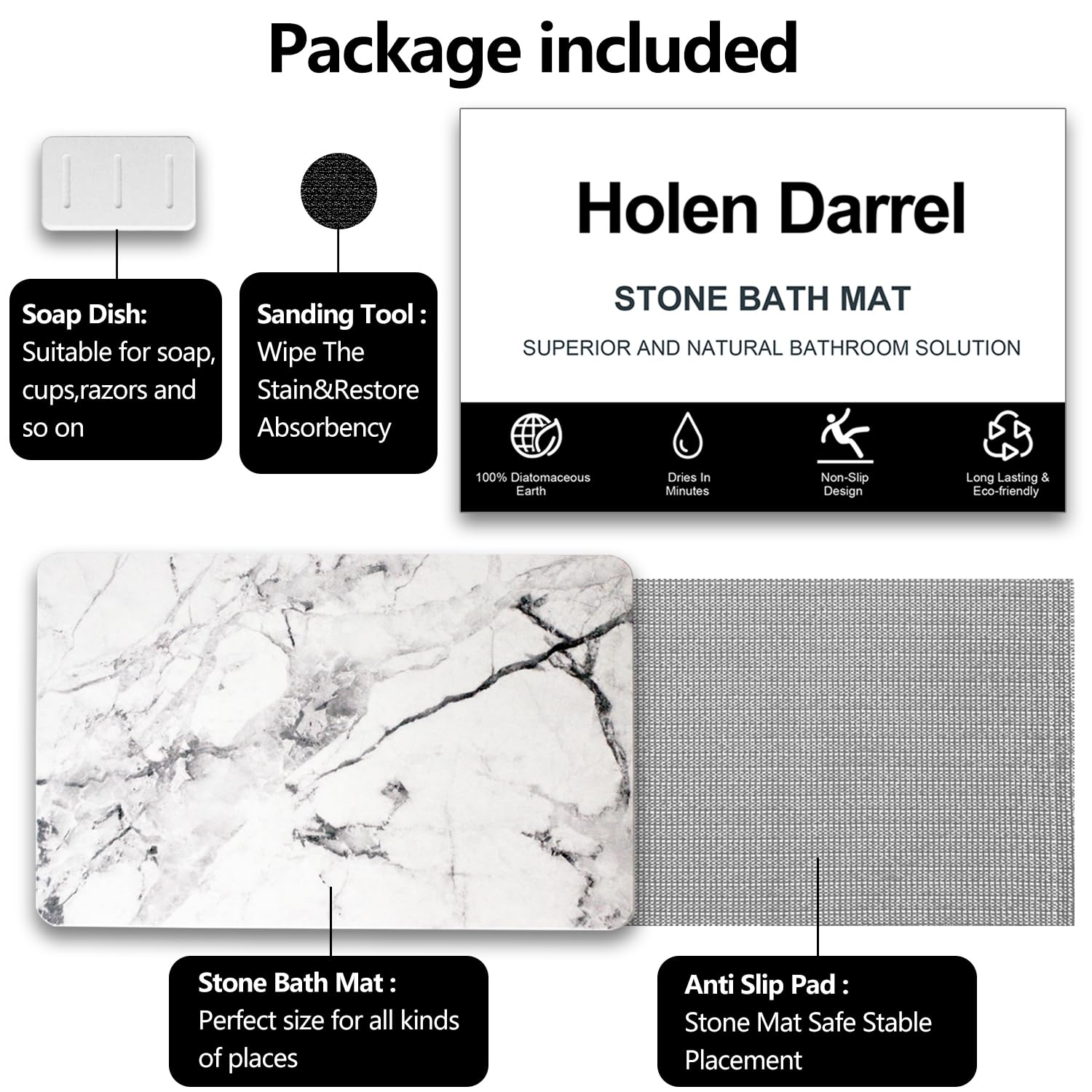 Holen Darrel Stone Bath Mat Diatomaite Earth Shower Mat Large,Drying Non-Slip Eco Friendly Sturdy Comfort for Bathroom Floor Mat Stylish Elegant Home Decor LightGray 23.5 * 15.5