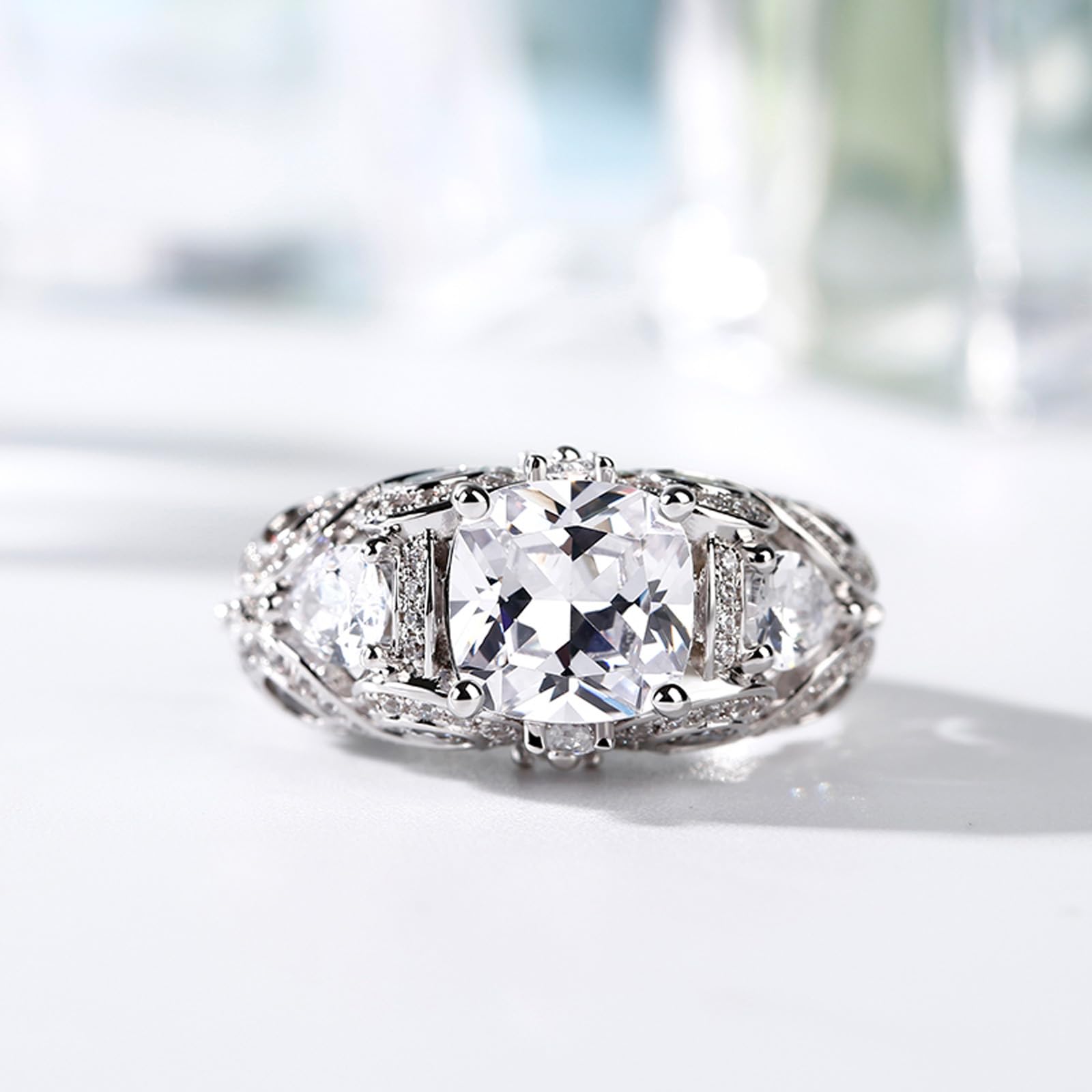 Jeulia Vintage Lace Design Cushion Cut Sterling Silver Ring Cubic Zirconia CZ Engagement Anniversary Eternity Promise Wedding Band Ring for Women (9.5)