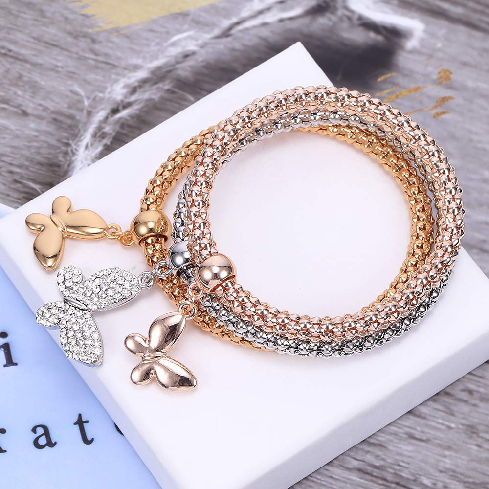 Koleso 3 Pcs/Set Crystal Butterfly Charm Bracelets & Bangles For Women Gold/Silvery Popcorn Chain Bracelets Adjustable Without Deformed - Silver
