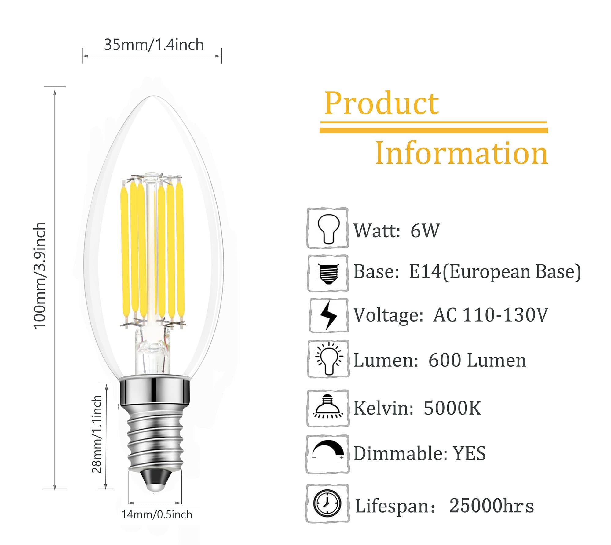 Lamsky E14 Dimmable LED Bulb,110V 600Lumens 60W Equivalent Daylight White 5000K,E14 European Base Candelabra LED Bulbs,Chandelier LED Edison Bulbs,Clear Glass Torpedo Shape Bullet Top(10-Pack)