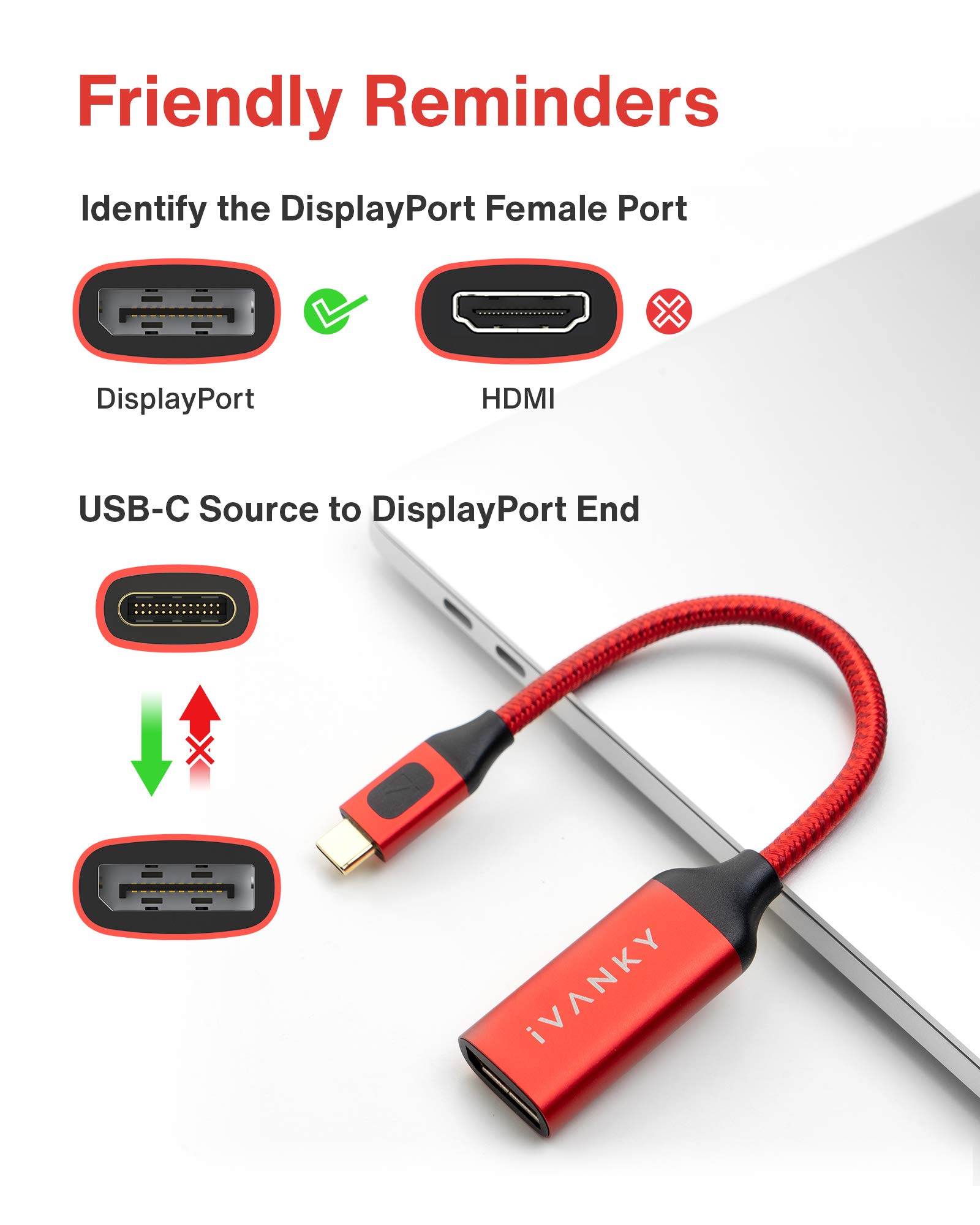 iVANKY USB C to DisplayPort Adapter, 4K@60Hz Type C to DP, Compatible with MacBook Pro 2016,MacBook Air 2018,iMac 2019,Dell XPS 15, Samsung Galaxy S20/S10/S9, and More
