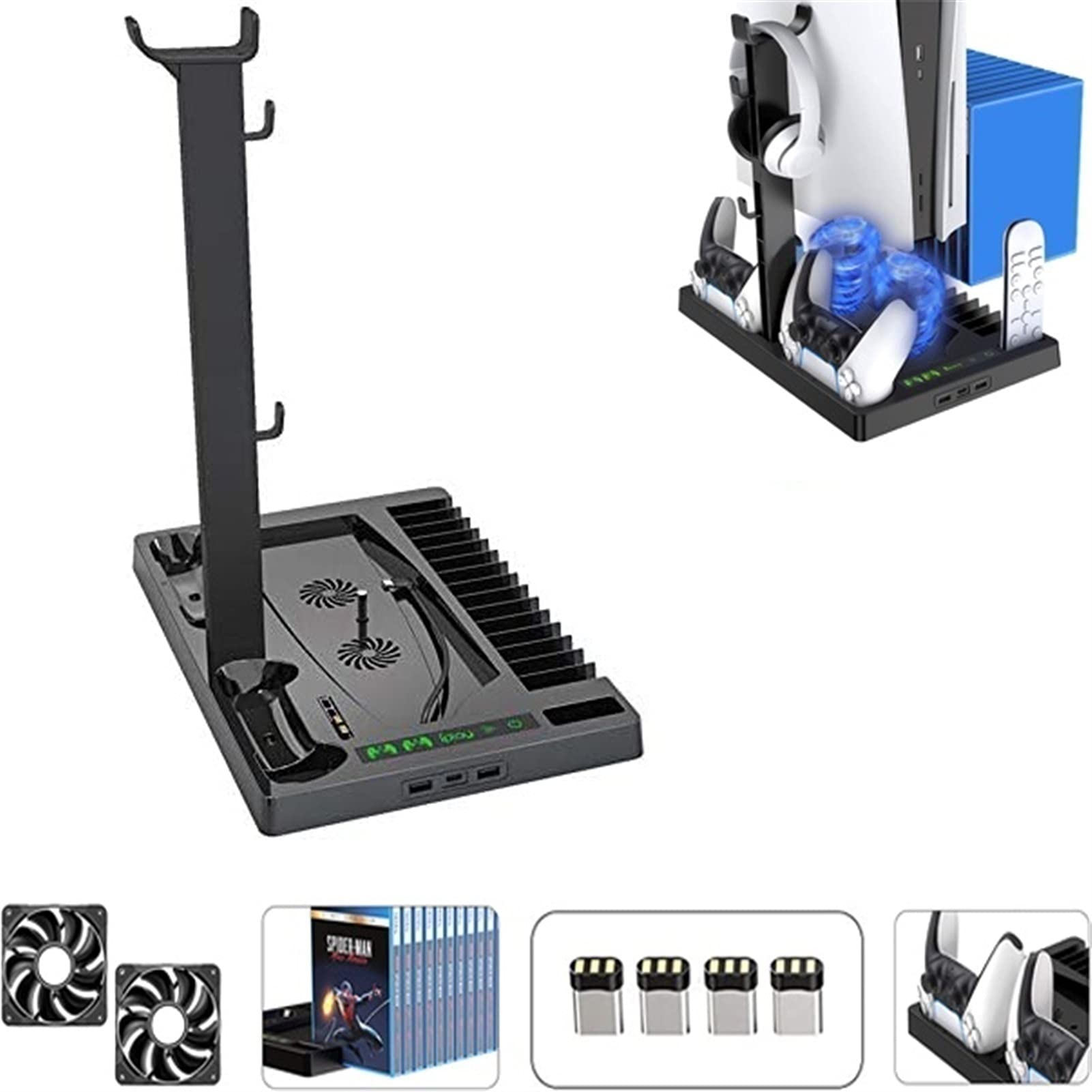 LVHI Vertical Stand for PS5 with Cooling Fan Digital Edition/Ultra HD Playstation 5 Stand Controller Charge Station with Dual Controllers EXT Port Charger Dock and 15 Game Slots