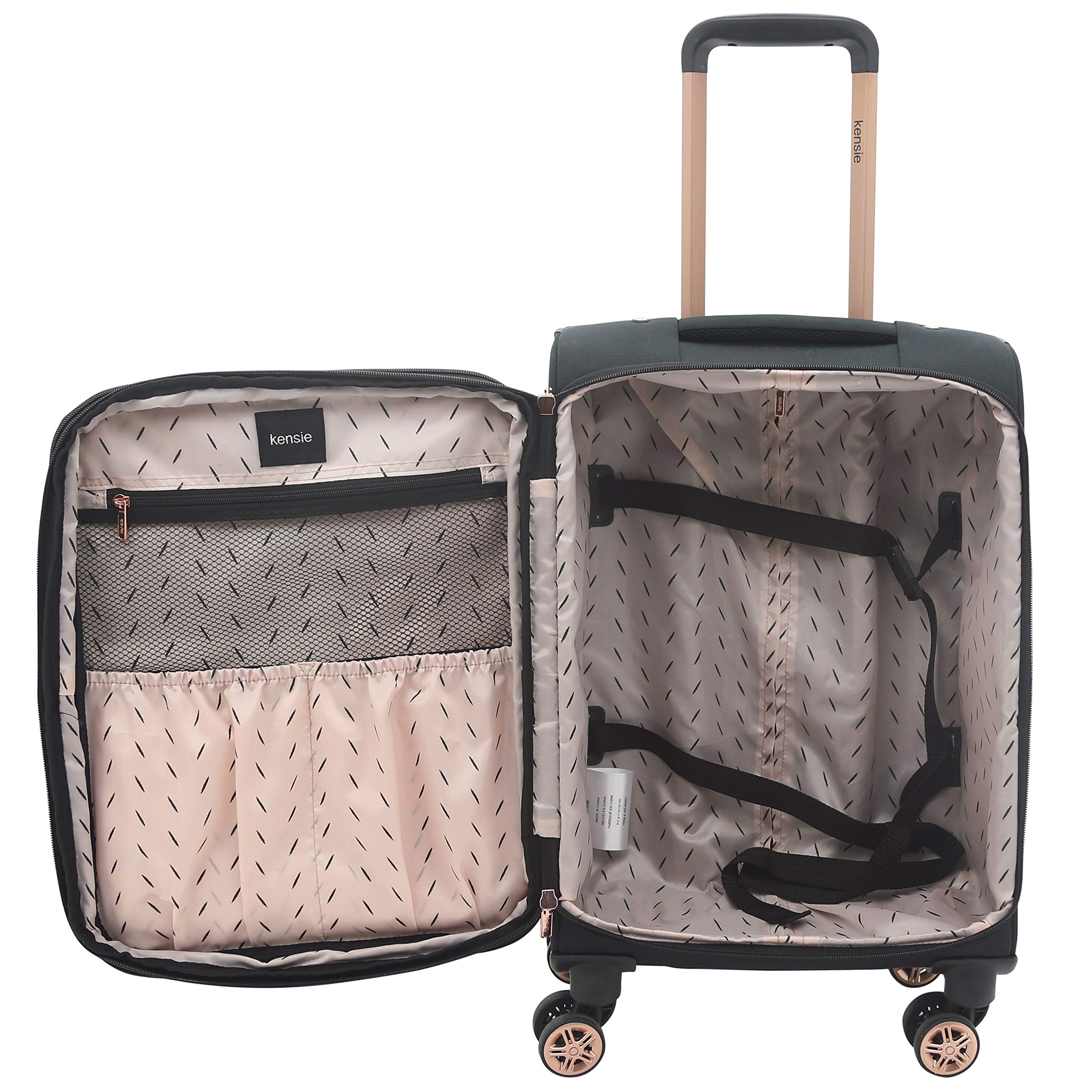 kensie Women's Hudson Softside 3-Piece Spinner Luggage Set, Black with Rose Gold, (16/20/28)