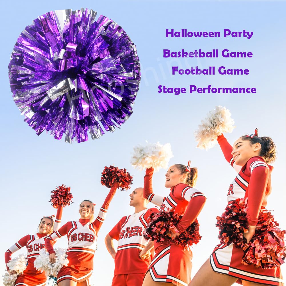 Hooshing 2PCS Pom Poms Cheerleading Purple and Silver with Plastic Handle for Team Spirit Cheering Dance Kids