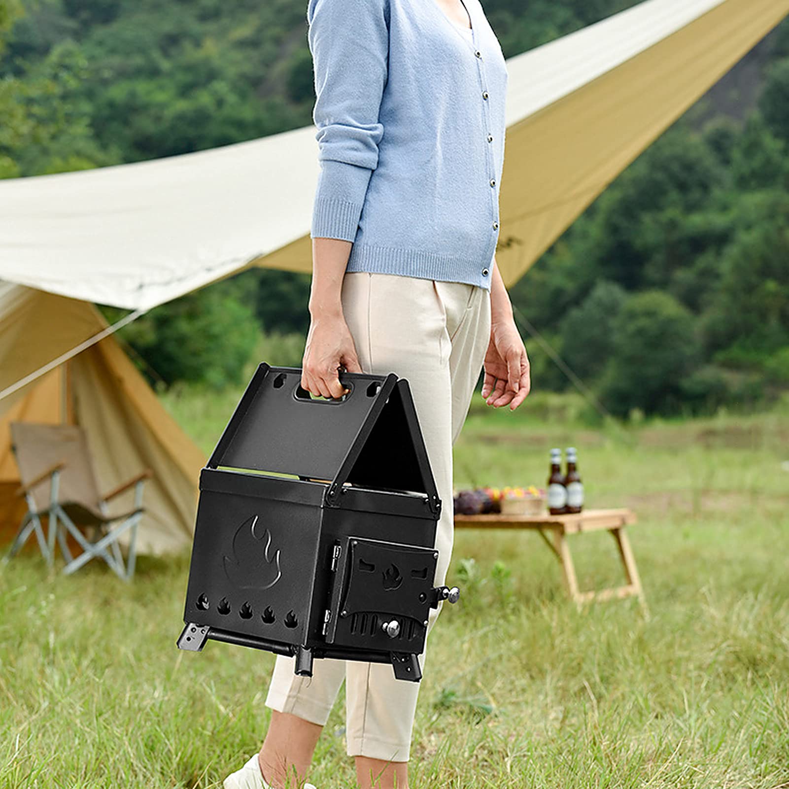 MengK Portable Foldable Wood Burning Stove Camp Tent Stove with Chimney Pipe for Tent Shelter Heating Cooking
