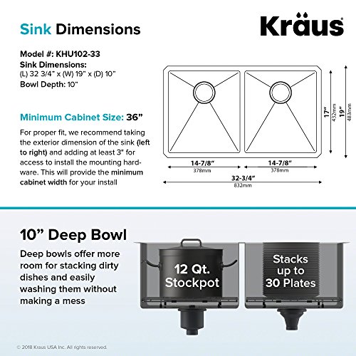 KRAUS Standart PRO™ 33-inch 16 Gauge Undermount 50/50 Double Bowl Stainless Steel Kitchen Sink with WasteGuard™ Continuous Feed Garbage Disposal, KHU102-33-100-75MB