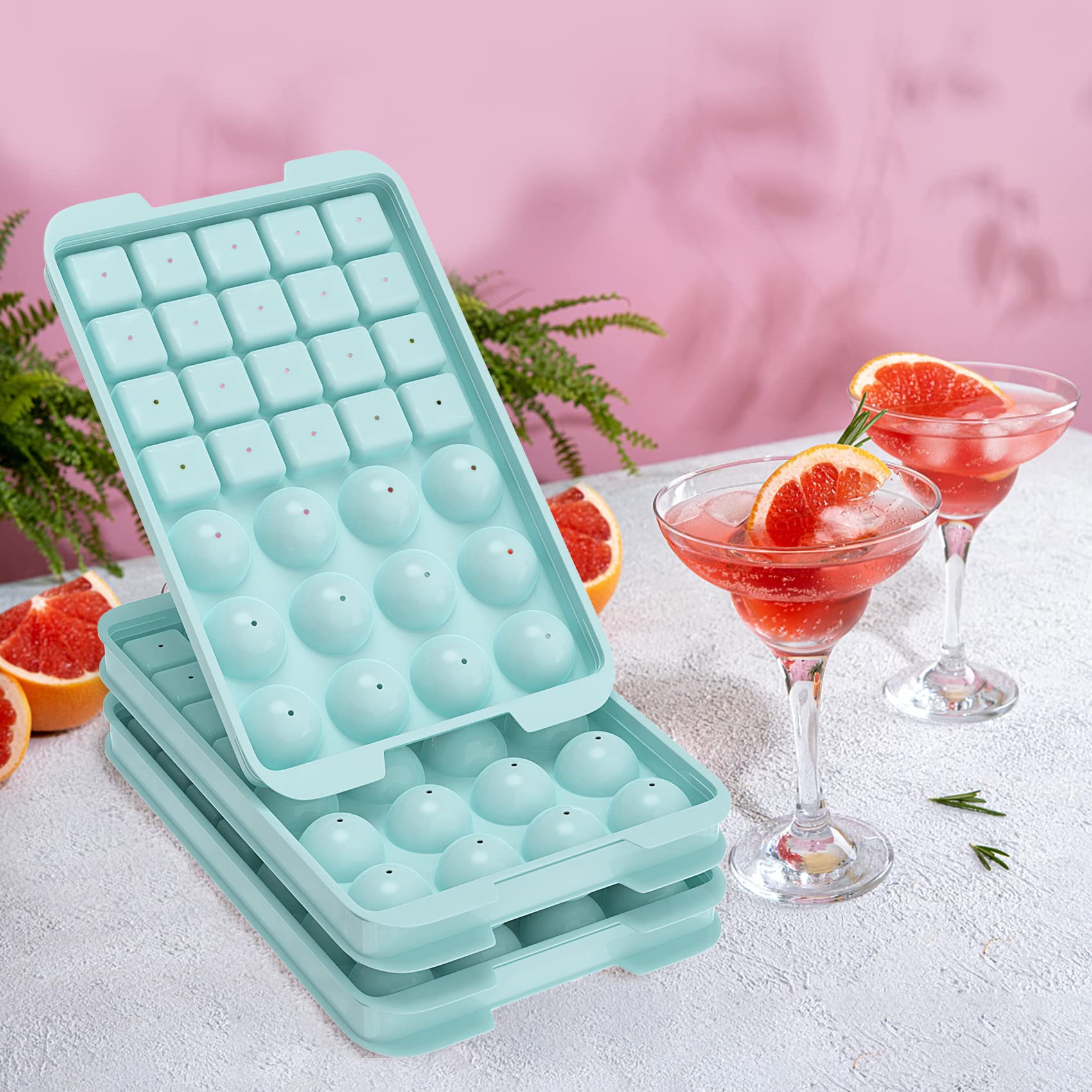 Korlon Ice Trays for Freezer with Lid and Bin, 64 PCS Ice Cube Trays, Round Ice Cube Molds & Square Container for Making Cocktail Whiskey Tea & Coffee