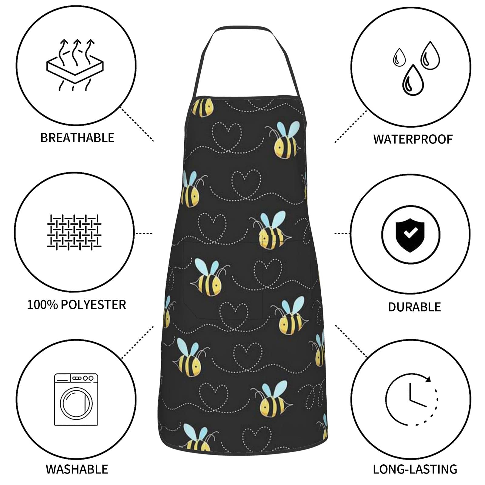MuMuYun Bumble Bees Kitchen Apron, Kitchen Cooking Aprons with Pockets Aprons for Men Women, Black, 20W x 28L