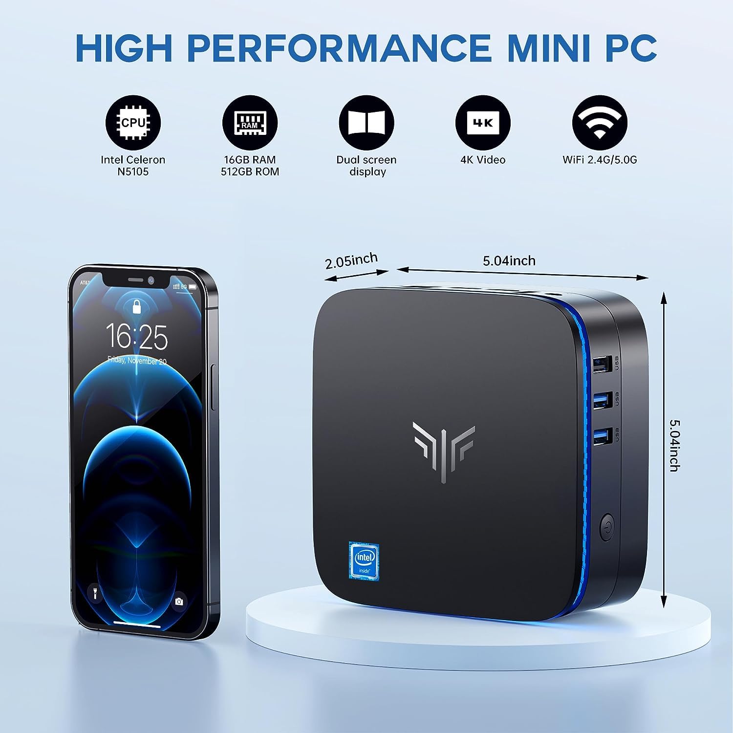 KAMRUI Mini PC, AK1PRO 16GB RAM 512GB SSD Mini Computer Intel Celeron N5105 Processor Quad Core Micro Computer 4K, Support 2.5-inch SSD, 2.4G/ 5.0G WiFi