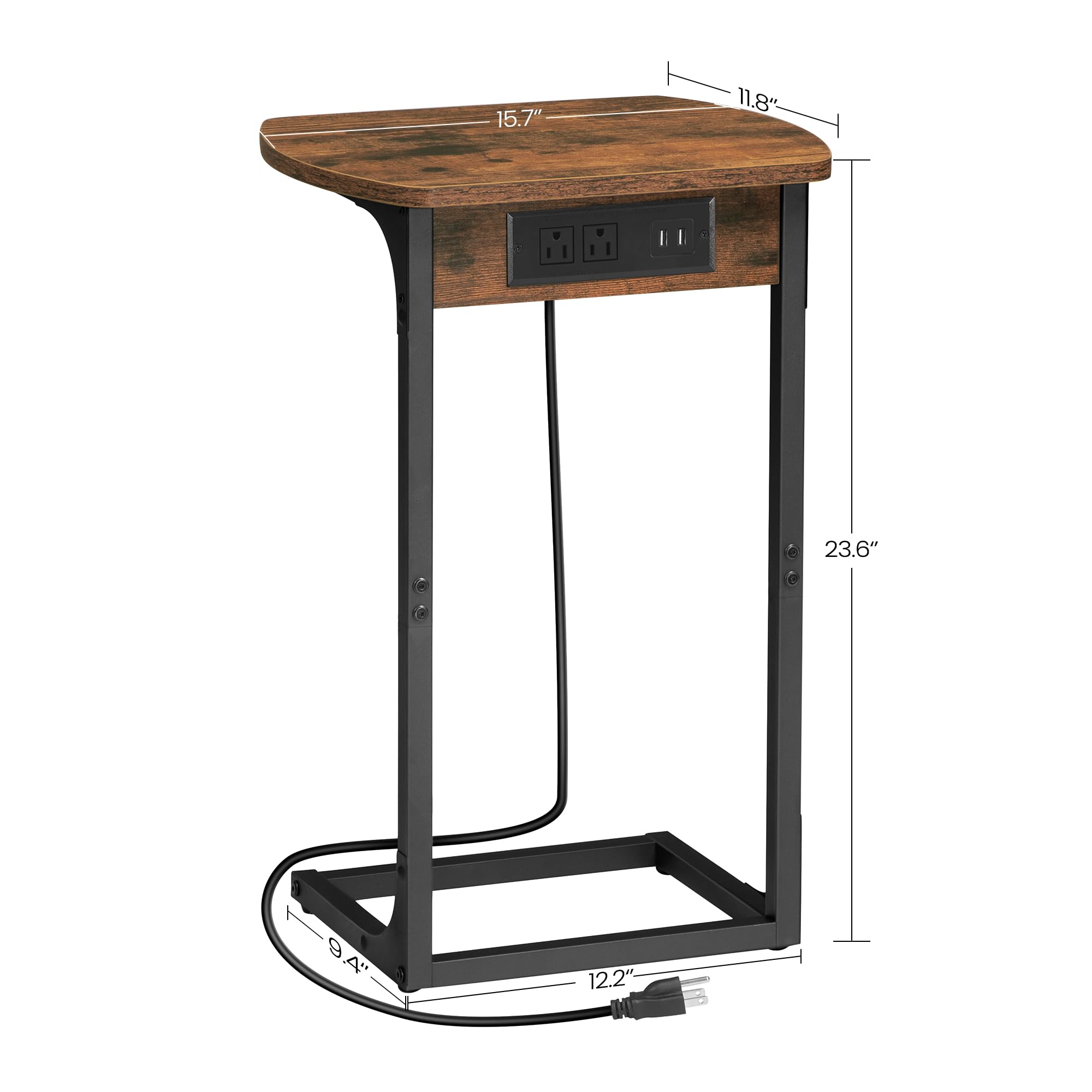 Hzuaneri C Shaped End Table with Charging Station, Bed Side Table with USB Port & Outlet, Couch Table, C Snack Table for Living Room, Bedroom, Rustic Brown and Black ET05101B
