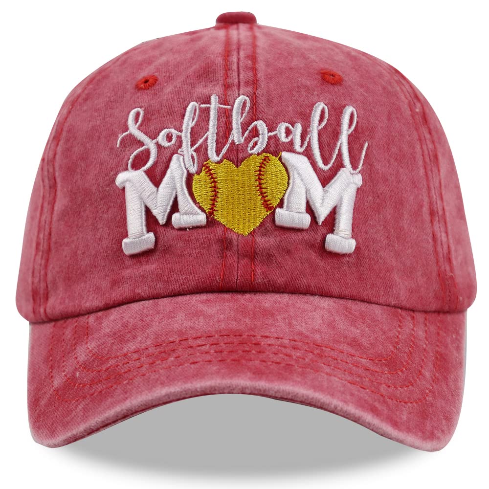 MANMESH HATT Softball Mom Gifts for Women, Vintage Adjustable Distressed Baseball Mom Cap, Cute Washed Embroidered Sports Mama Hat for Mothers Day (One Size, Softball Mom Red)
