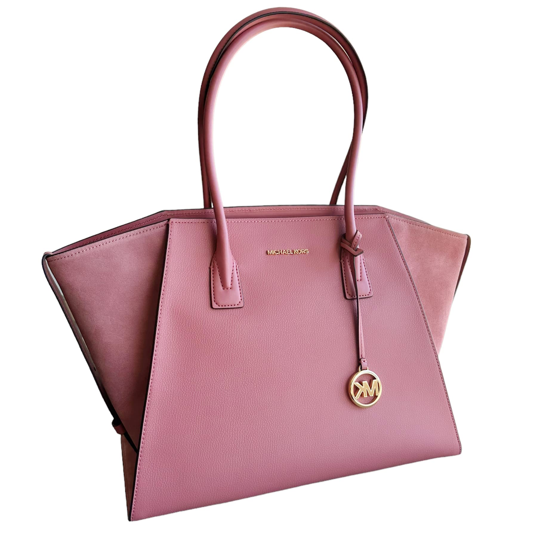 Michael Kors Avril XL Large Shoulder Bag Top Zip Tote Rose Pink Suede Leather
