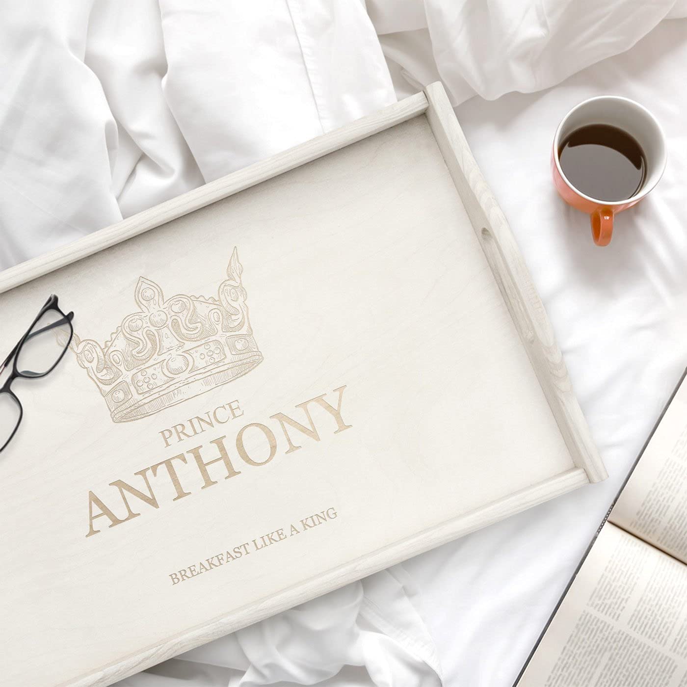 Maverton Breakfast Tray Table for Man - Personalized Bed Tray for Birthday - Laptop Table with Foldable Legs - Customized Serving Tray with Handles- for him - Wooden Tray for dad - Prince