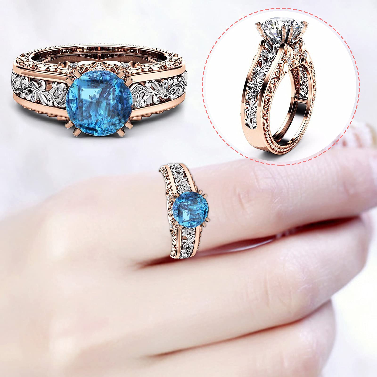 ManRiver Colorful Gemstone Rings for Women - Flower Emboded Diamond Rhinetone Studded Promise Rings Jewelry Gifts Size 5-12 (Blue, 5)