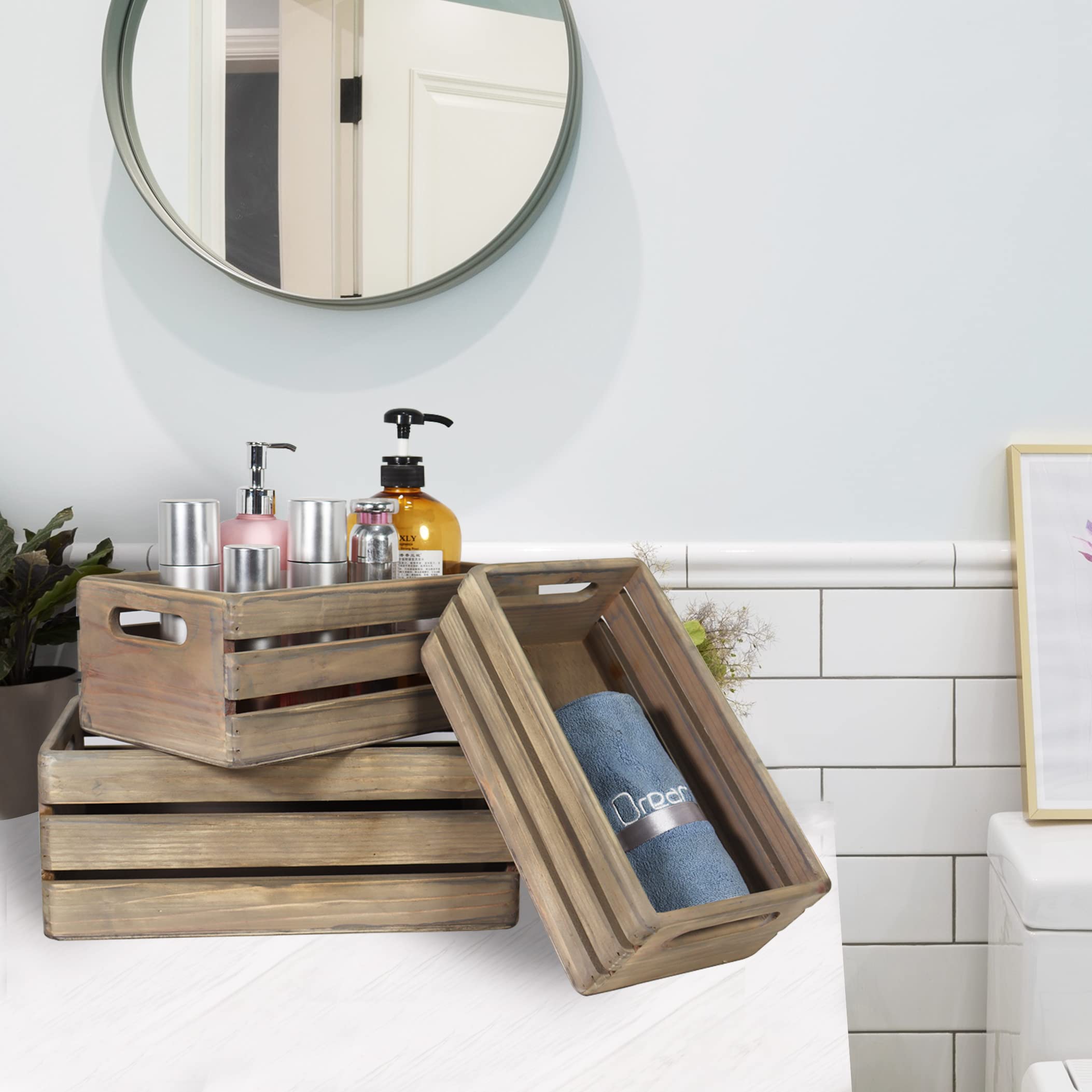 LEKUAIJIA Set of 3 Wooden Storage Crate,Wooden Crate with Cutout Handles,Rustic Nesting Box Basket Bins,Laundry Crates,Fruits & Vegetables Boxes