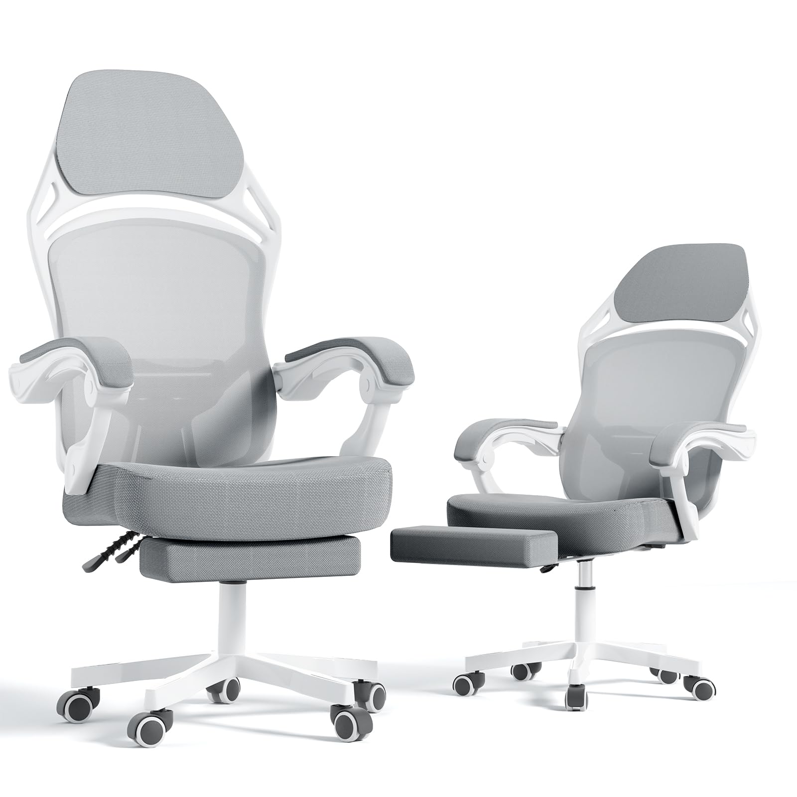 kenvc Ergonomic Office Chair with Foot Rest, Home Office Desk Chairs with Lumbar Headrest and Retractable Footrest, Mesh Office Chair Adjusts 90°-145°, Light Gray