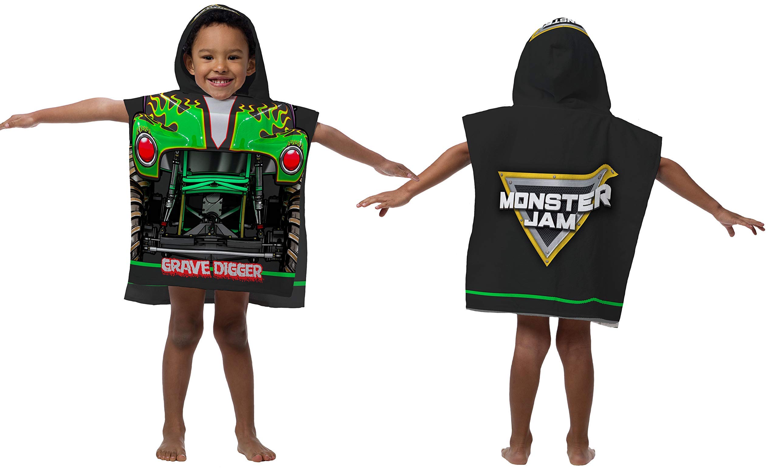 Jay Franco Monster Jam Grave Digger Kids Bath/Pool/Beach Hooded Poncho - Super Soft & Absorbent Cotton Towel, Measures 22 x 22 Inches