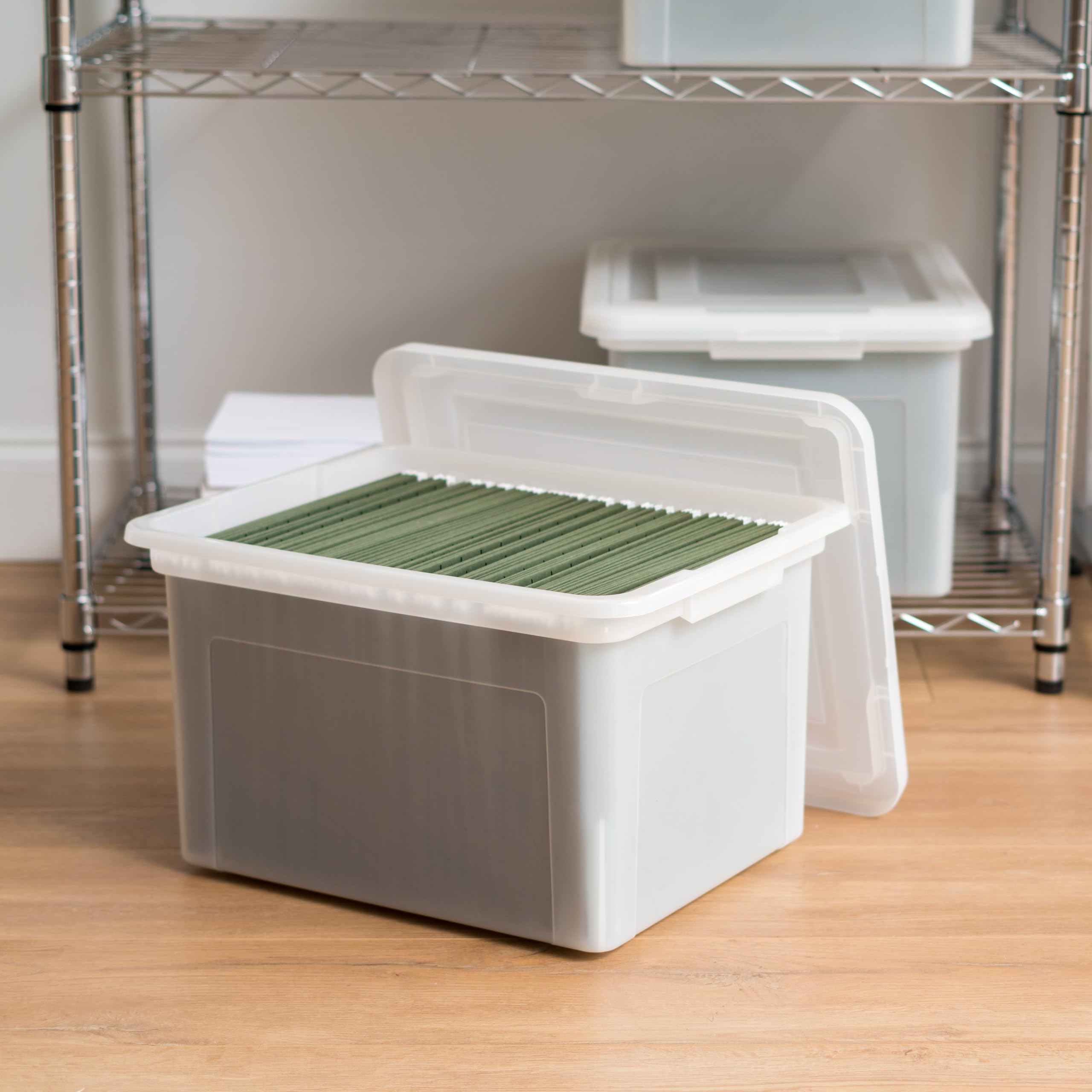 IRIS USA File Box File Organizer Plastic File Box for Letter/Legal File, BPA-Free Plastic Storage Bin Tote Organizer with Durable and Secure Latching Lid, Stackable and Nestable, Pearl 35 Qt. 4Pack