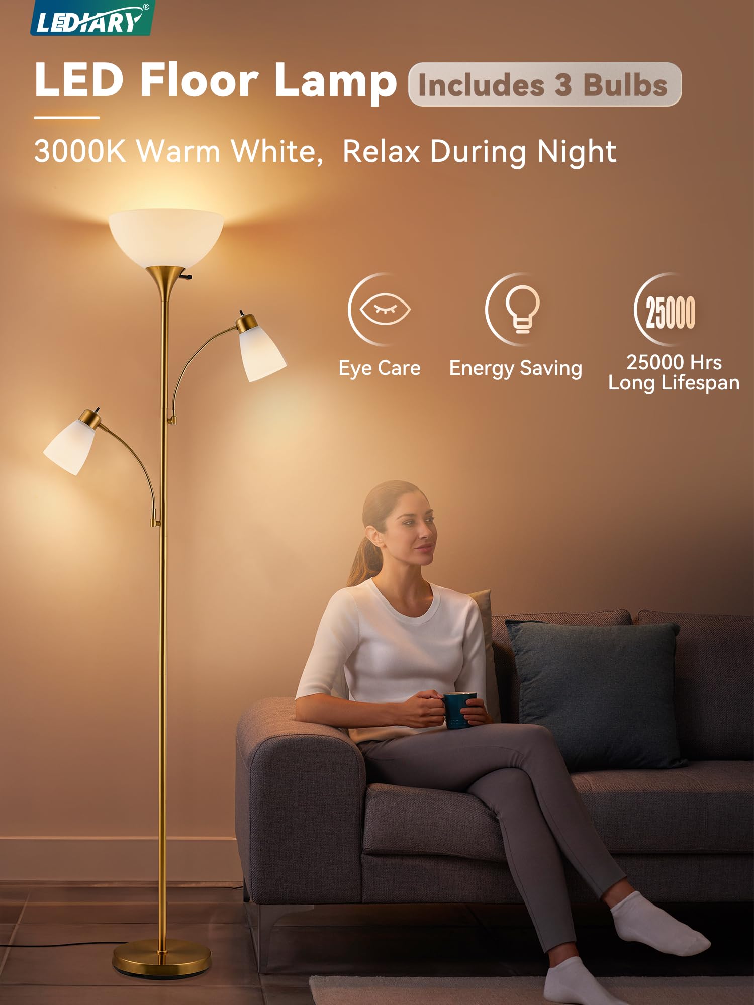 LEDIARY Torchiere Floor Lamp, 72 Inch Gold Standing Lamp with 2 Adjustable Reading Lamp, Modern Tall Floor Lamps for Living Room Bedroom Office, 3 Bulbs Included