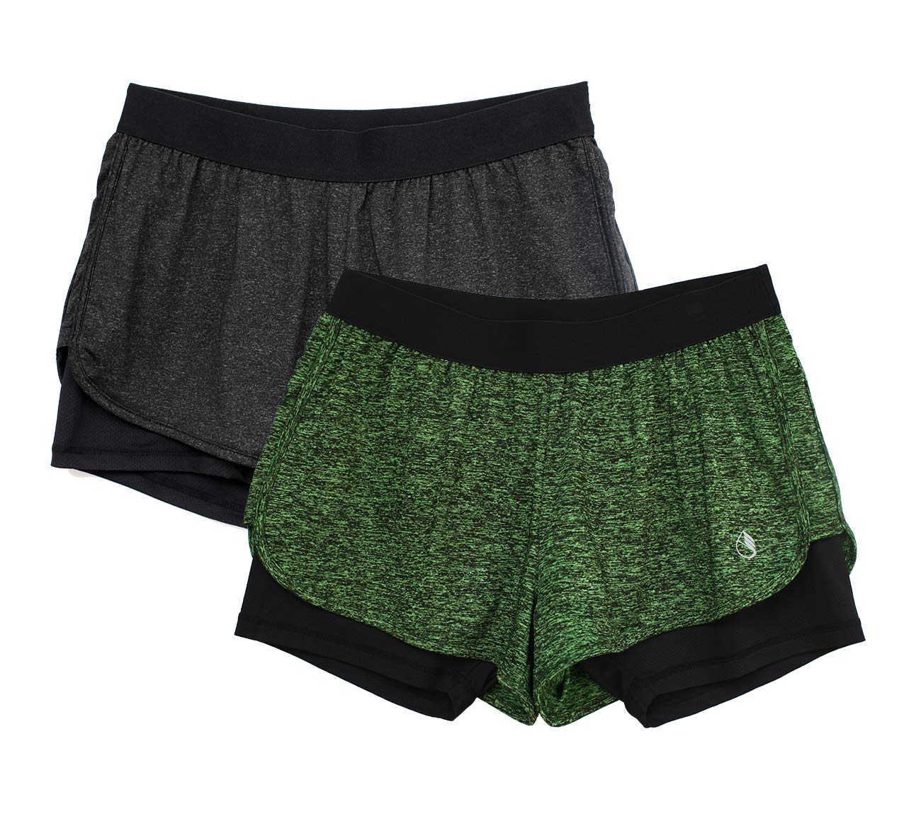 icyzone Running Yoga Shorts for Women - Activewear Workout Exercise Athletic Jogging Shorts 2-in-1 (Black Heather/Green Heather, L)