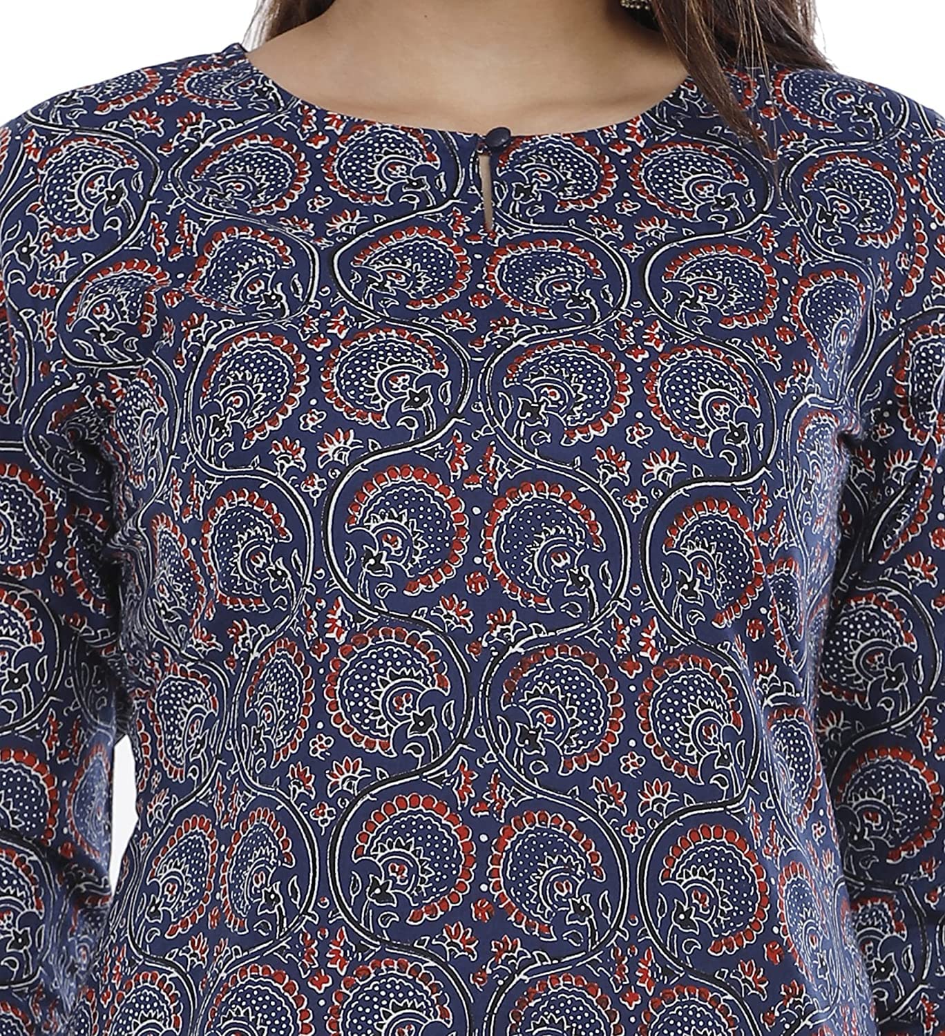 Holy libas Short Kurti for Women's, Blue Printed Straight Cotton Kurta, Round Neck 3/4 Sleeve for Women for Girls (as1, alpha, m, regular, regular, Blue)