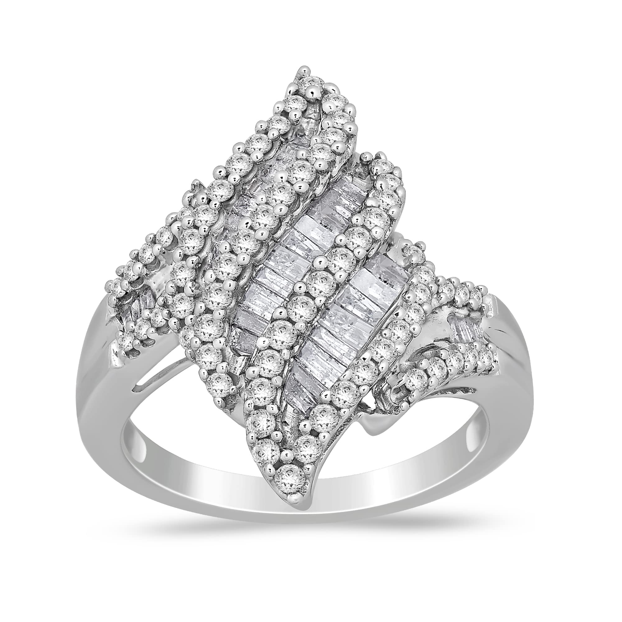 Jewelili 10K White Gold 1 Cttw Natural White Round and Baguette Cut Diamonds Cluster Ring, Size 7