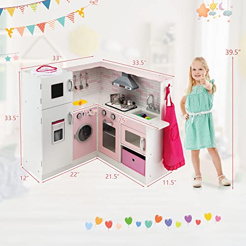HONEY JOY Pink Corner Kids Kitchen Playset