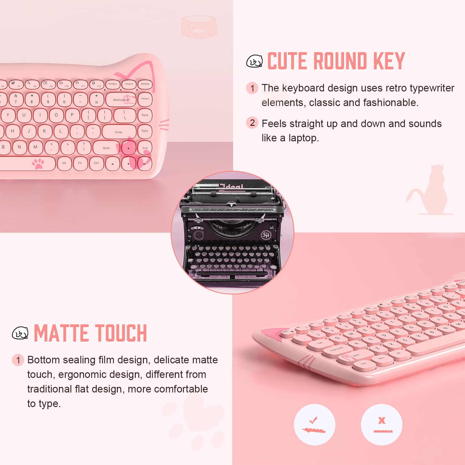 LexonElec Wireless Keyboard and Mouse,2.4GHz Wireless Retro Cute Cat Keyboard with 84 Key Mouse and Keyboard Combo,Cat Mouse with 3 Adjustable DPI for Mac PC Desktop Laptop(Pink)