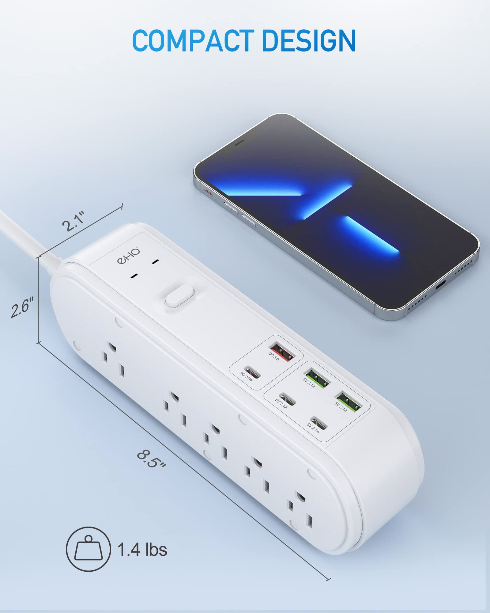 PD 20W Surge Protector, 10 Outlets and 3 USB C&3 USB A Ports, 6ft Extension Cord, Overload Protection, Desktop High-Speed Charging Station Power Bar for iPhone 14, 1875W/15A, 4500J