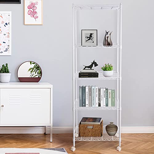 JS HANGER Wire Shelving Unit with Wheels, 5-Tier Heavy Duty Height Adjustable Rolling Metal Shelves for Storage, 550 lbs Capacity, 23.23''W X 13.4''D X 71''H, White