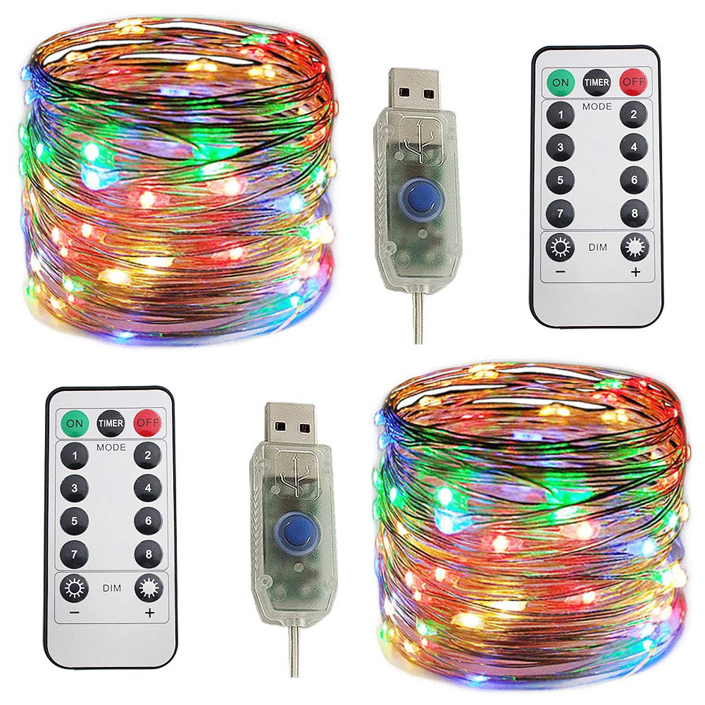 Huakway USB LED String Lights 33ft 8 Modes (2-Pack) 100 LEDs Remote Control Timer Waterproof 4 Color Mini Flexible Copper Wire Outdoor Indoor Deco Dorm Home Garden Party