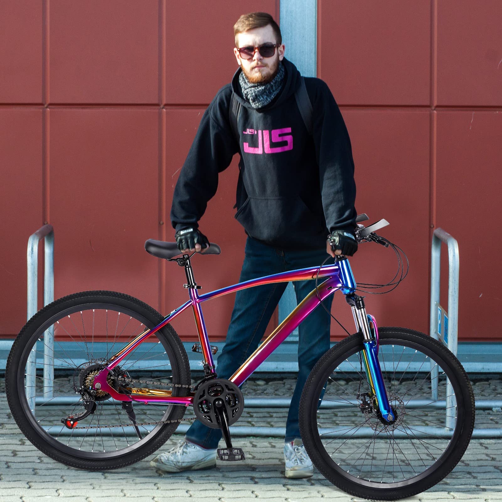 Mens Mountain Bike Bikes,Beach Bicyle，24 Inch, 21-Speed,Lightweight,Gearbox System,Disc Brake(Colour:Gloss Red) (Multicolor, One Size)