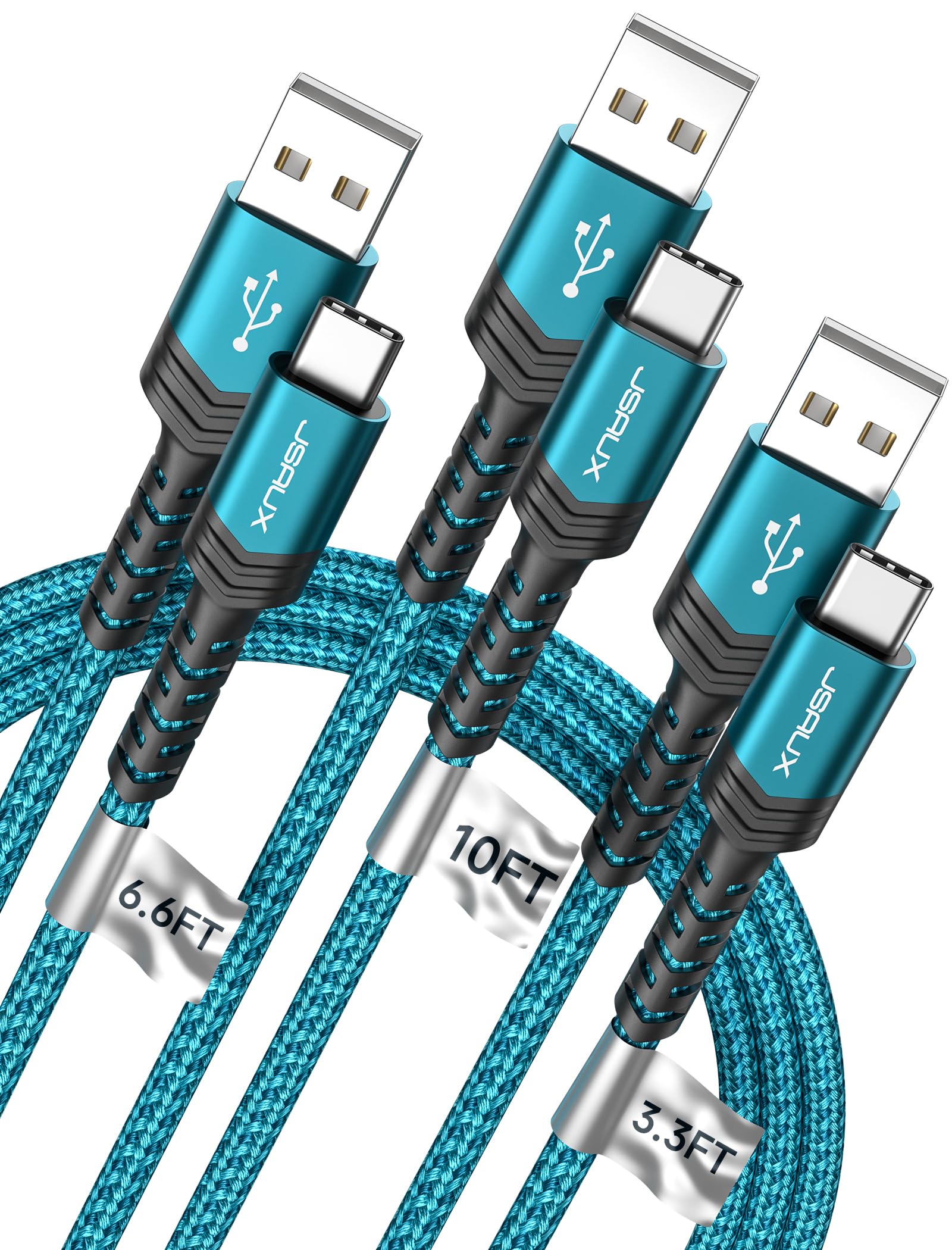 JSAUX USB-C Cable 3.1A Fast Charging, 3-Pack (10ft+6.6ft+3.3ft) USB A to Type C Charge Cord Compatible with Samsung Galaxy S21 S20 S10 S9 S8 Note 20 10, iPhone 15/15 Pro Max, PS5, USB C Charger(Green)