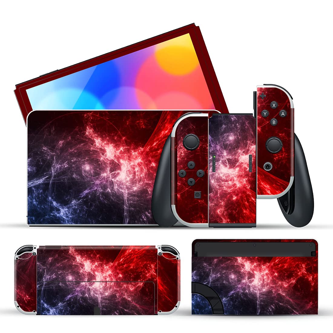Langsun Full Set Protective Stickers+2Pcs Screen Protector for Nintendo Switch OLED Model, Customized Vinyl Decal Skins for Switch OLED Console & Joycon & Dock & Grip Protection Kit- Red Star Universe