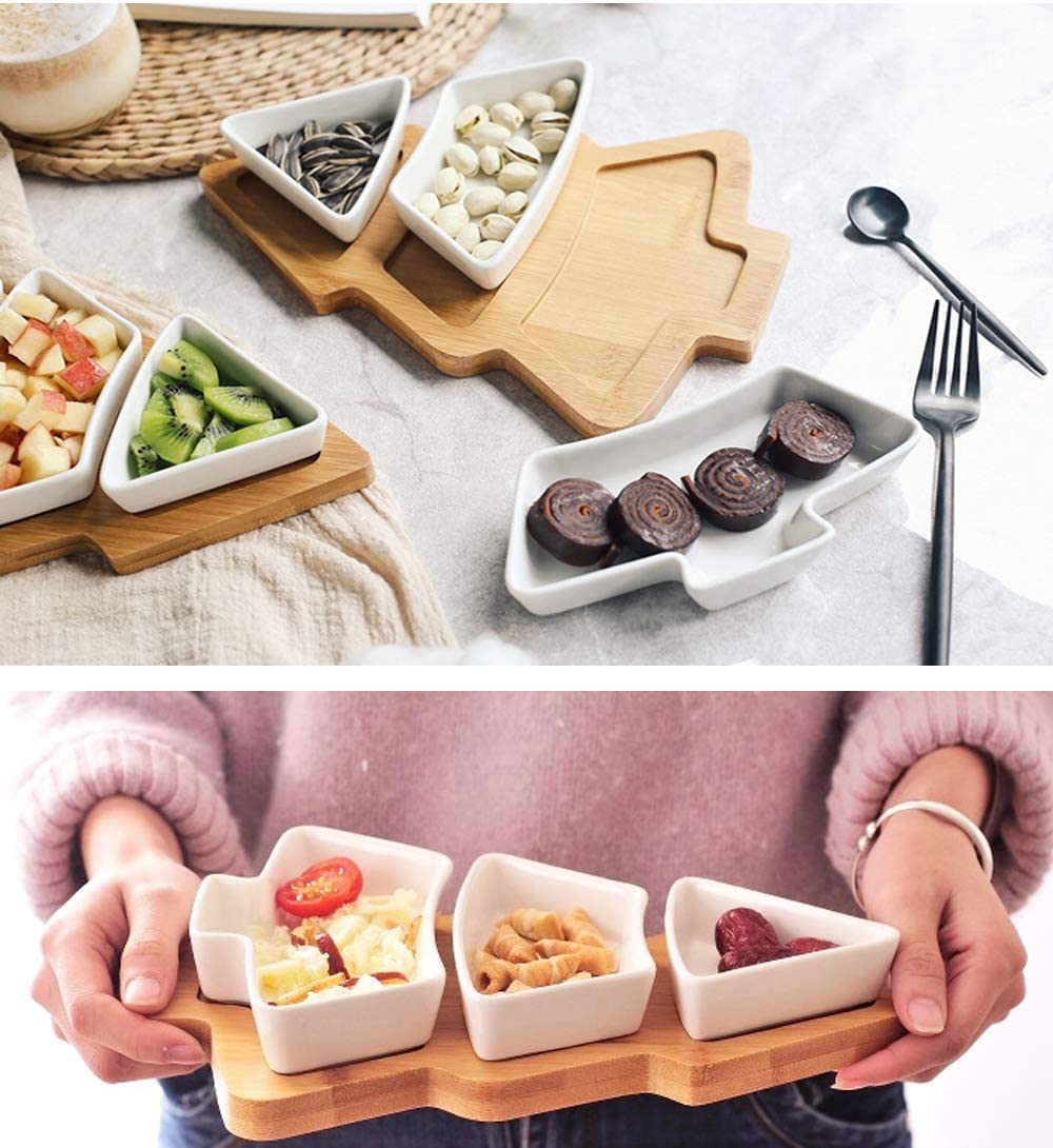 Loticy White Tree Plates Chip & Dip Set, 11 Inches Ceramic Snack Plate with Bamboo Tray, Removable Porcelain Christmas Tree Appetizer Dessert Fruit Salad Saucers Bowl, Cutlery Platter Serving Dish
