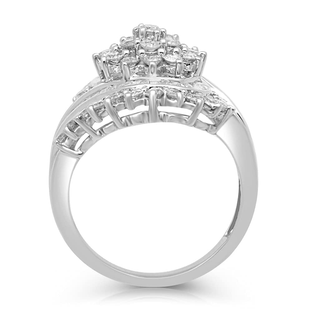 Jewelili 10K White Gold 2 Cttw Natural White Baguette and Round Diamond Cluster Ring, Size 9