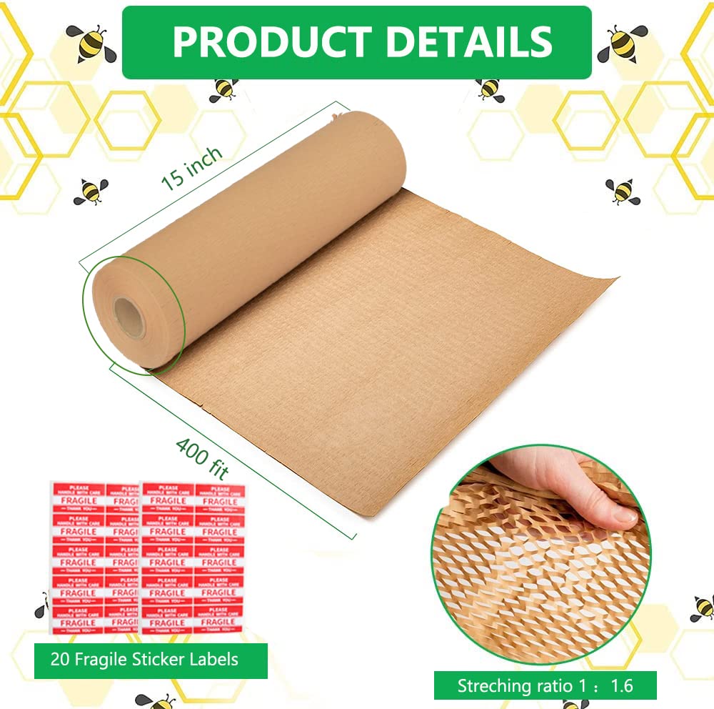 Honeycomb Packing Paper for Moving 15βx400β Honeycomb Cushioning Wrap Paper .Recyclable Biodegradable Honeycomb Packing Supplies,Bubble Paper Wrapping Protective Roll 20pcs Fragile Sticker Labels