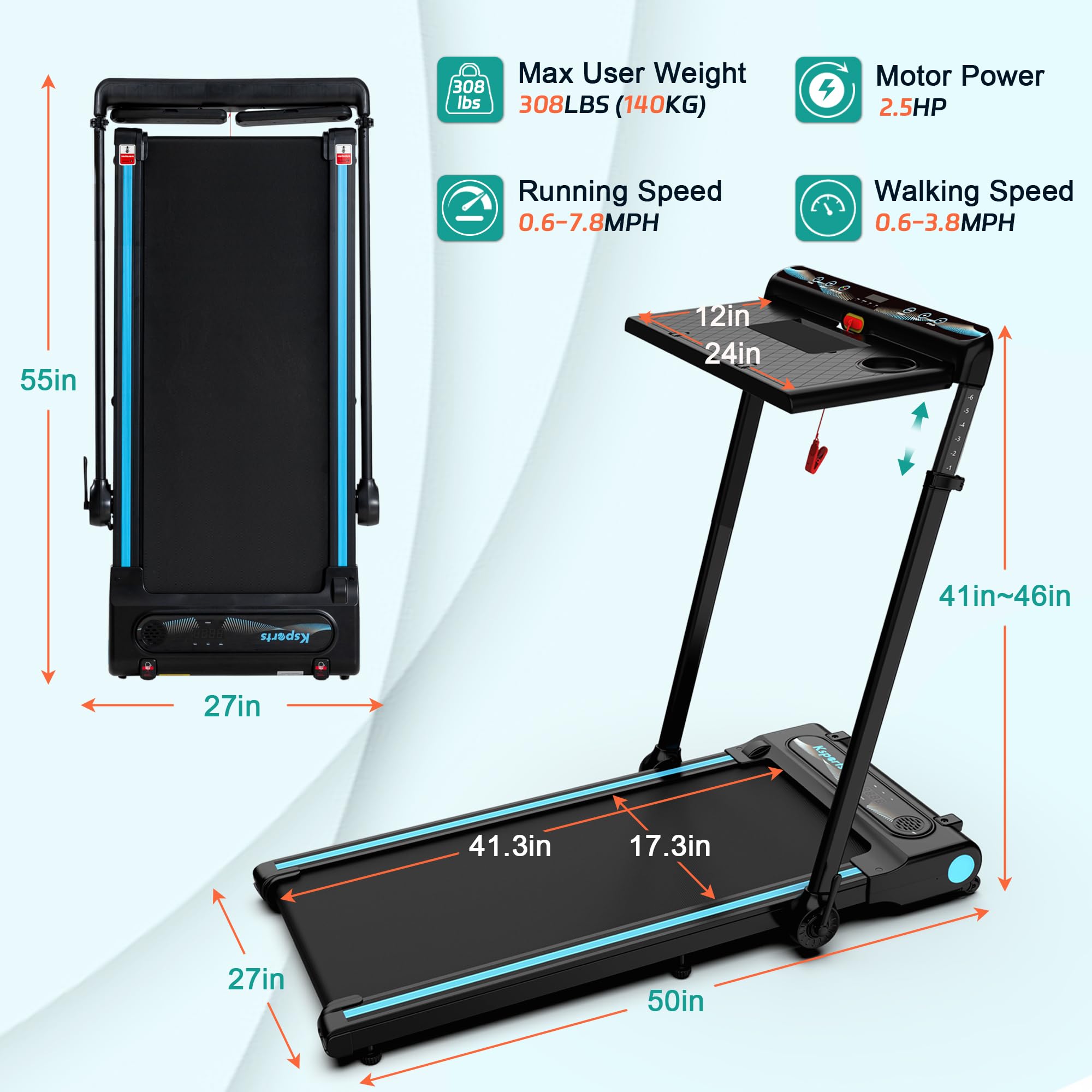 Ksports 3 in 1 Folding Treadmill, 2.25hp Under Desk Treadmill, Walking Pad, Installation-Free, Bluetooth Speaker, Fitshow, Kinomap & Others, 2 LED Displays, Walking, Running, Sit Ups for Home Office…