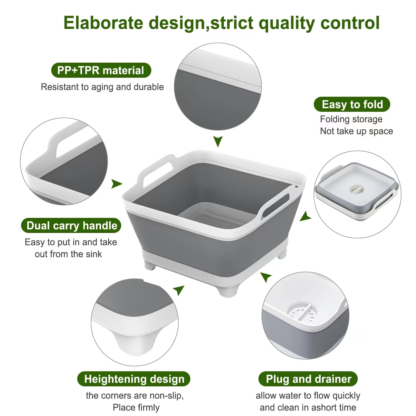 KEPPIER Dishpan, 9L Collapsible Washing Basin (Gray, PP, TPR), Portable Dish Tub with Drain Plug, Space-Saving Drying Rack for Kitchen, Camping, Laundry use