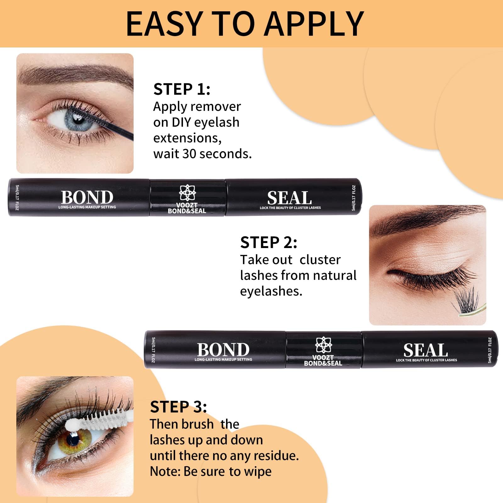 Lash Bond and Seal, VOOZT Lash Glue Cluster Lash Glue Bond and Seal for DIY Individual Lash Extensions Gentle Soothing Non-Irritating 2 in 1 Strong Hold Long Lasting Waterproof Eyelashes Glue