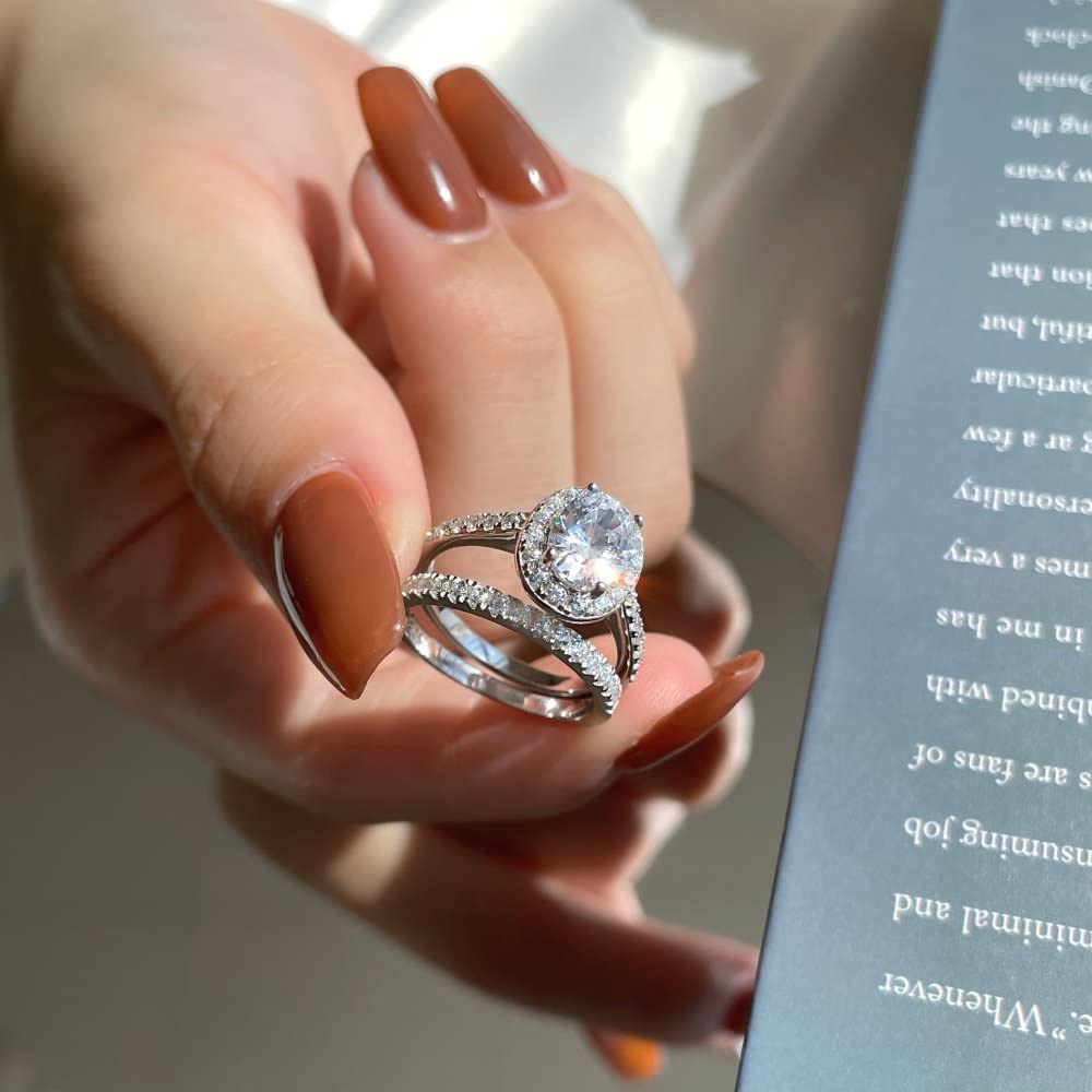 Oval Bridal Sets Wedding Ring Set for Women White Gold 1 Carat Center Moissanite Engagement Ring Set Platinum Plated Silver 10K 14K 18K Gold Ring with Text Engraving (size 7)