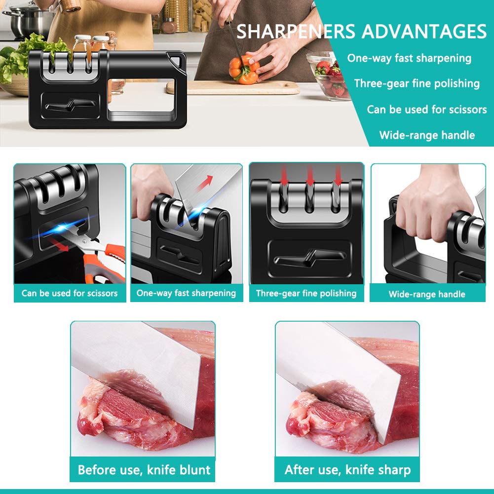 Knife Sharpener, Chef Manual Knife Sharpener, Easy Sharpening, Slip Resistant Grip Sharpener for Knives and Scissors, Safely Sharpen Knives for Kitchen (4-in-1)