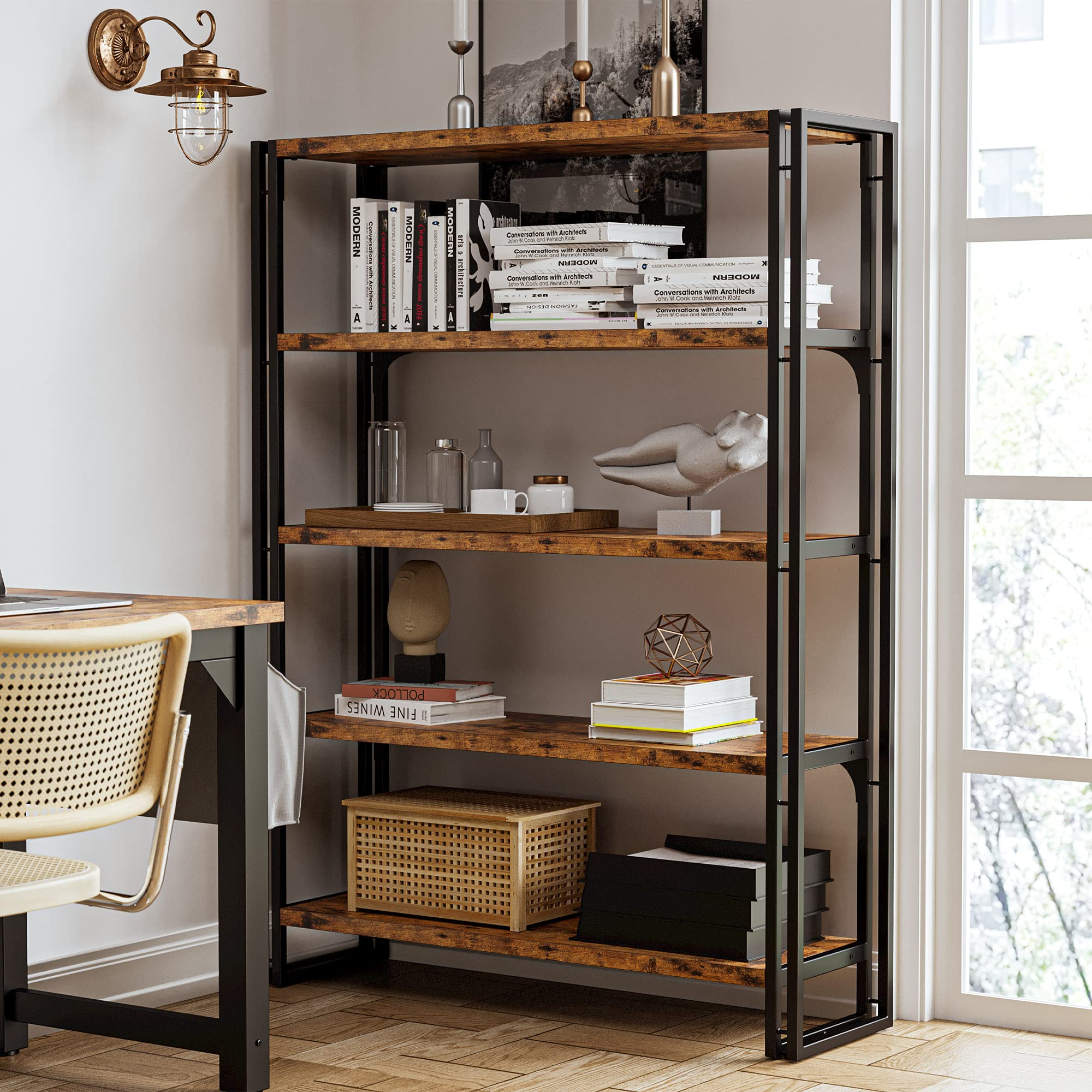 IRONCK Bookshelf and Bookcase 5 Tier, Wood and Metal Bookshelves Storage Shelves for Home Office, Sturdy Easy Assembly, Rustic Brown