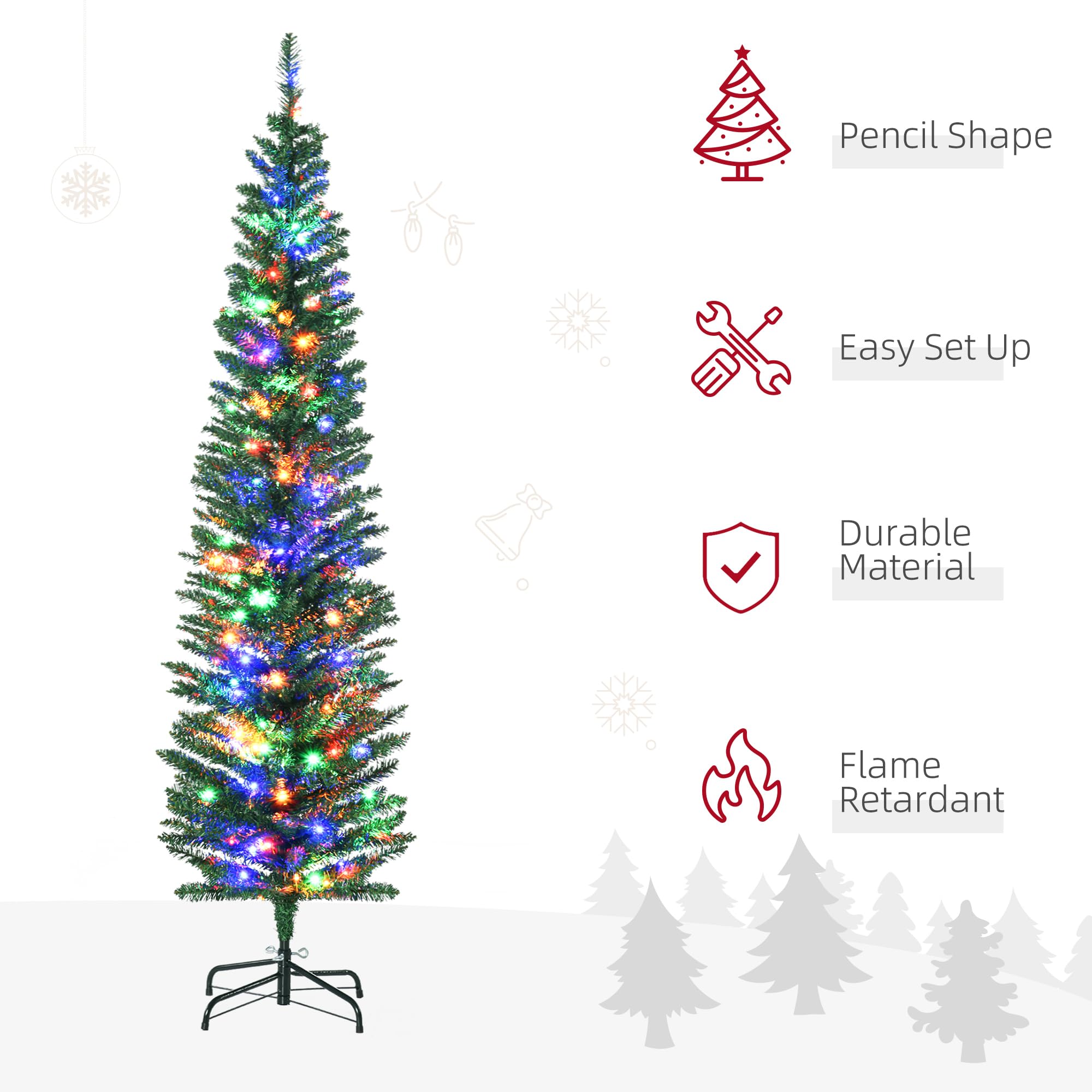 HOMCOM 6ft Tall Pencil Prelit Artificial Christmas Tree Holiday Décor with 390 Branches, 150 Colorful LED Lights, Steel Base, Green